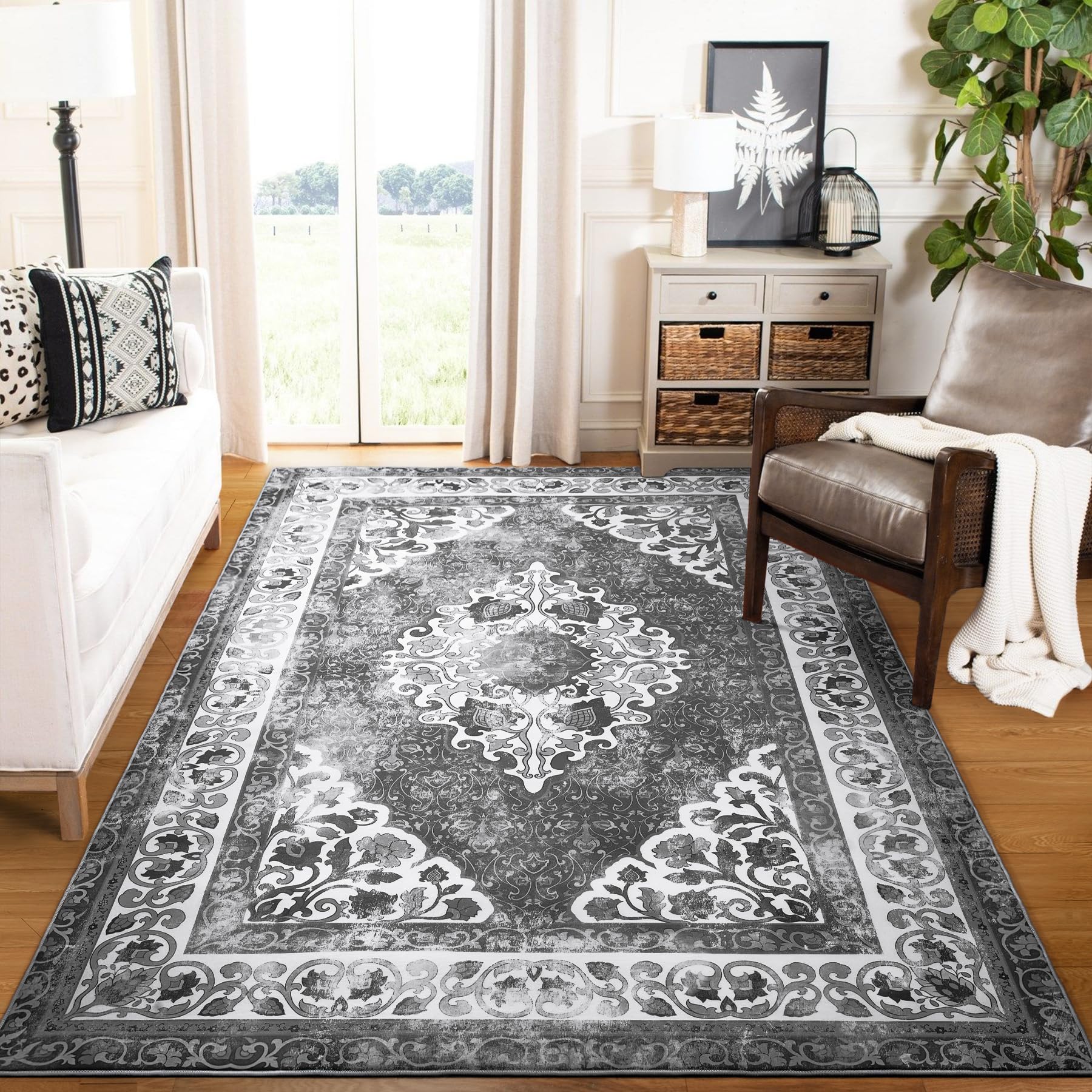Living Room Rug 4x6 Area Rug for Bedroom Antique Grey Floral Rug with ...