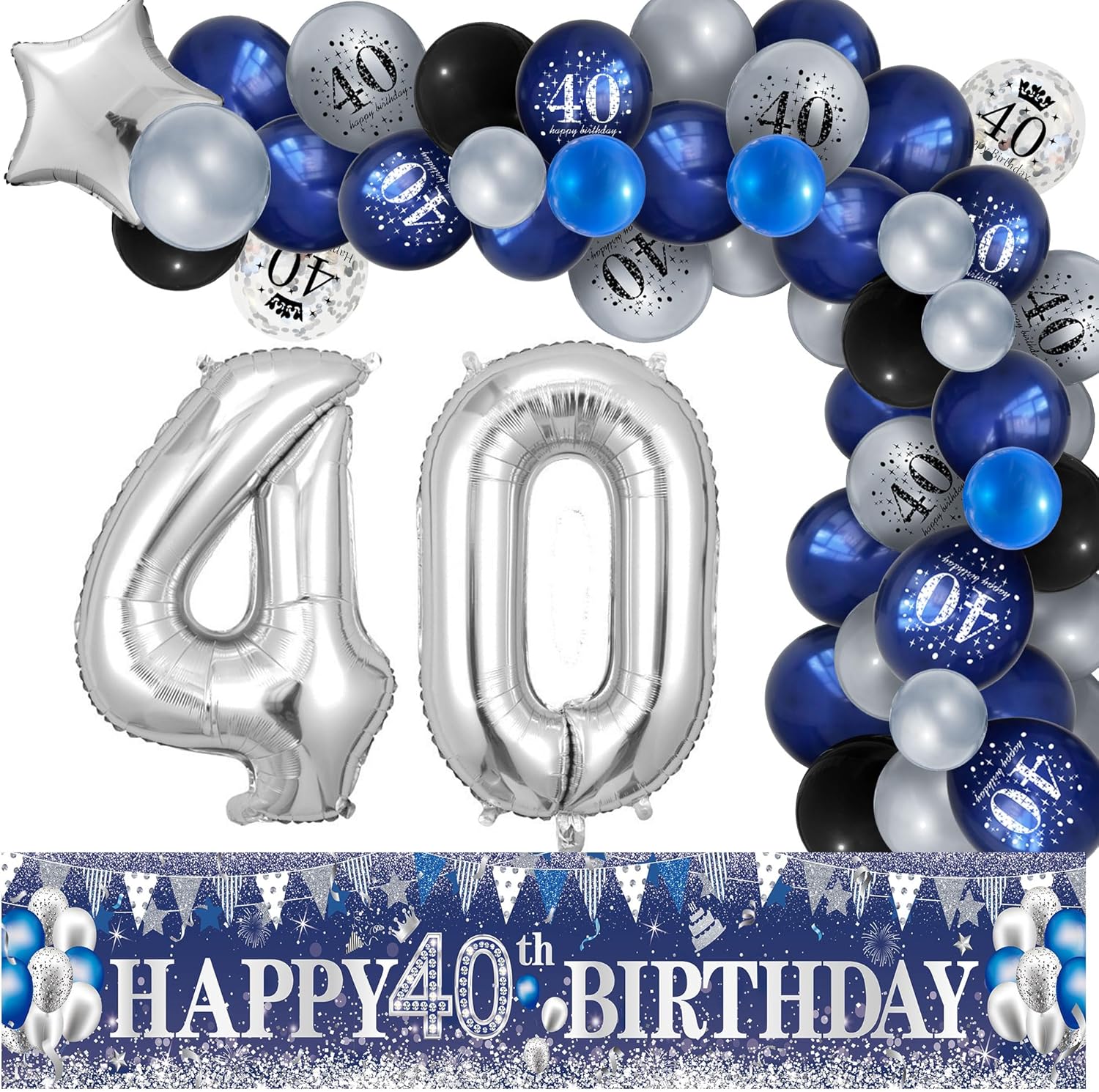 40th Birthday Party Decorations Navy Blue Silver Happy 40th Birthday ...