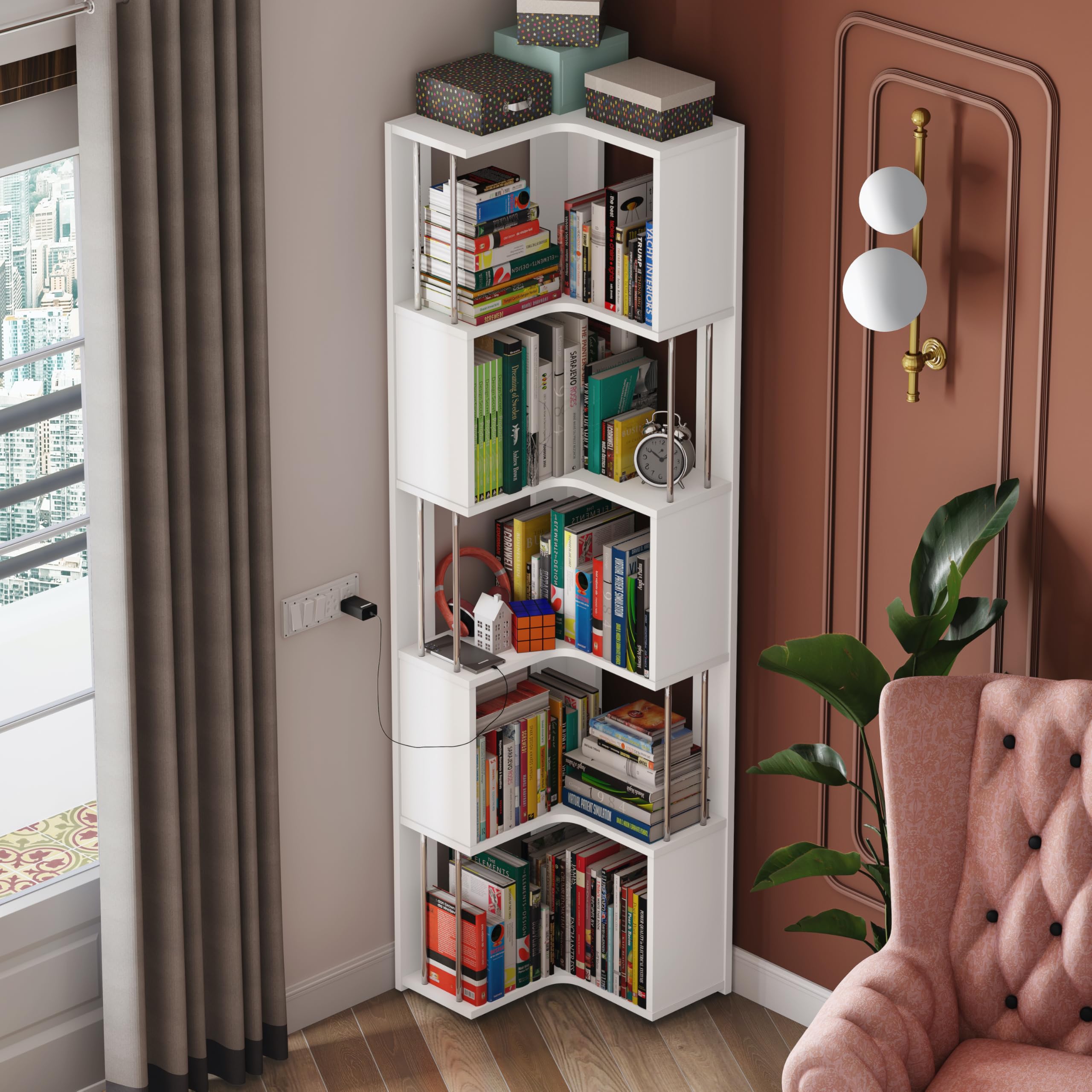 Studio Kook Vista Engineered Wood Corner Bookshelf | Bookcase (Matte ...