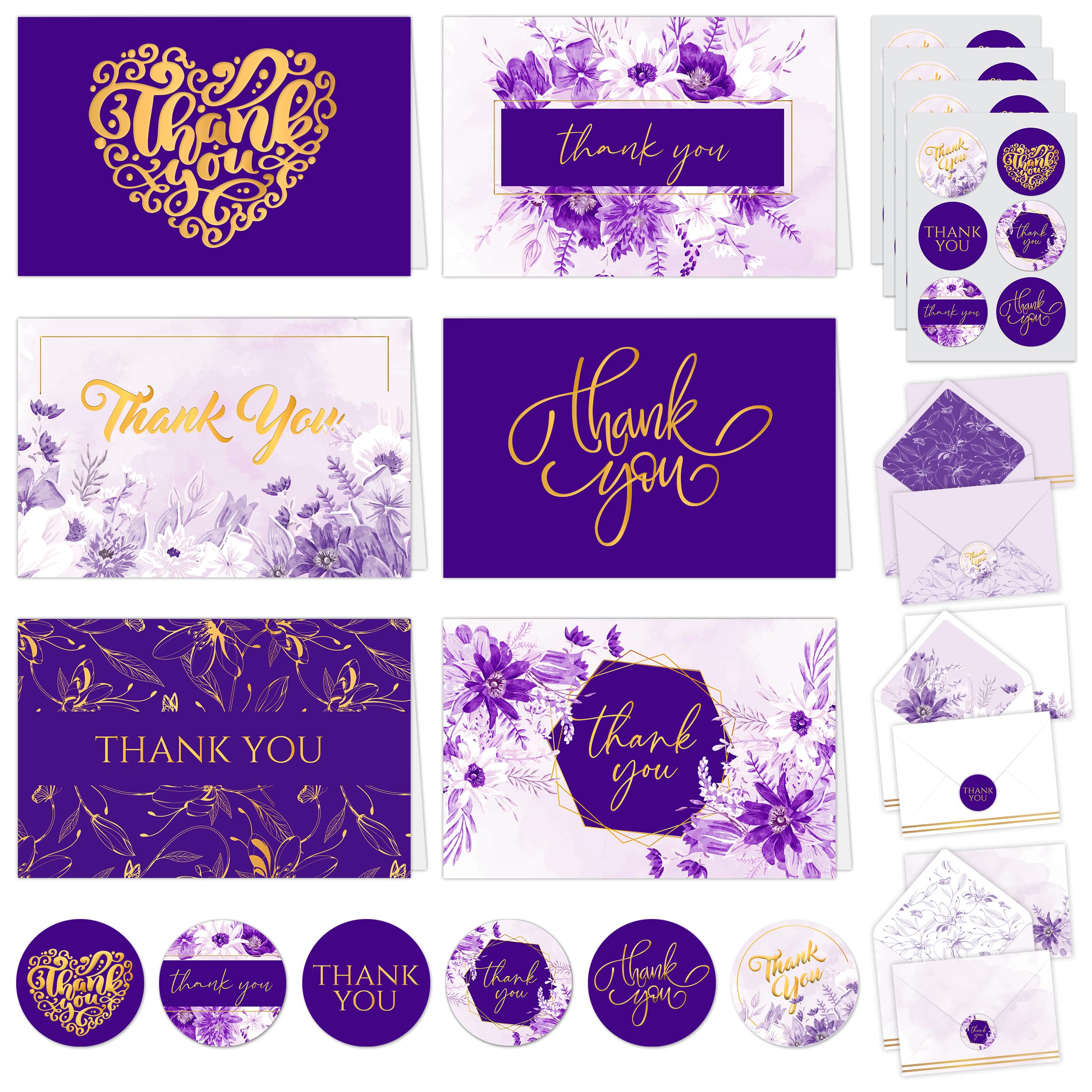 Decorably 24 Pack Gold-Foiled Purple Thank You Cards with Envelopes ...