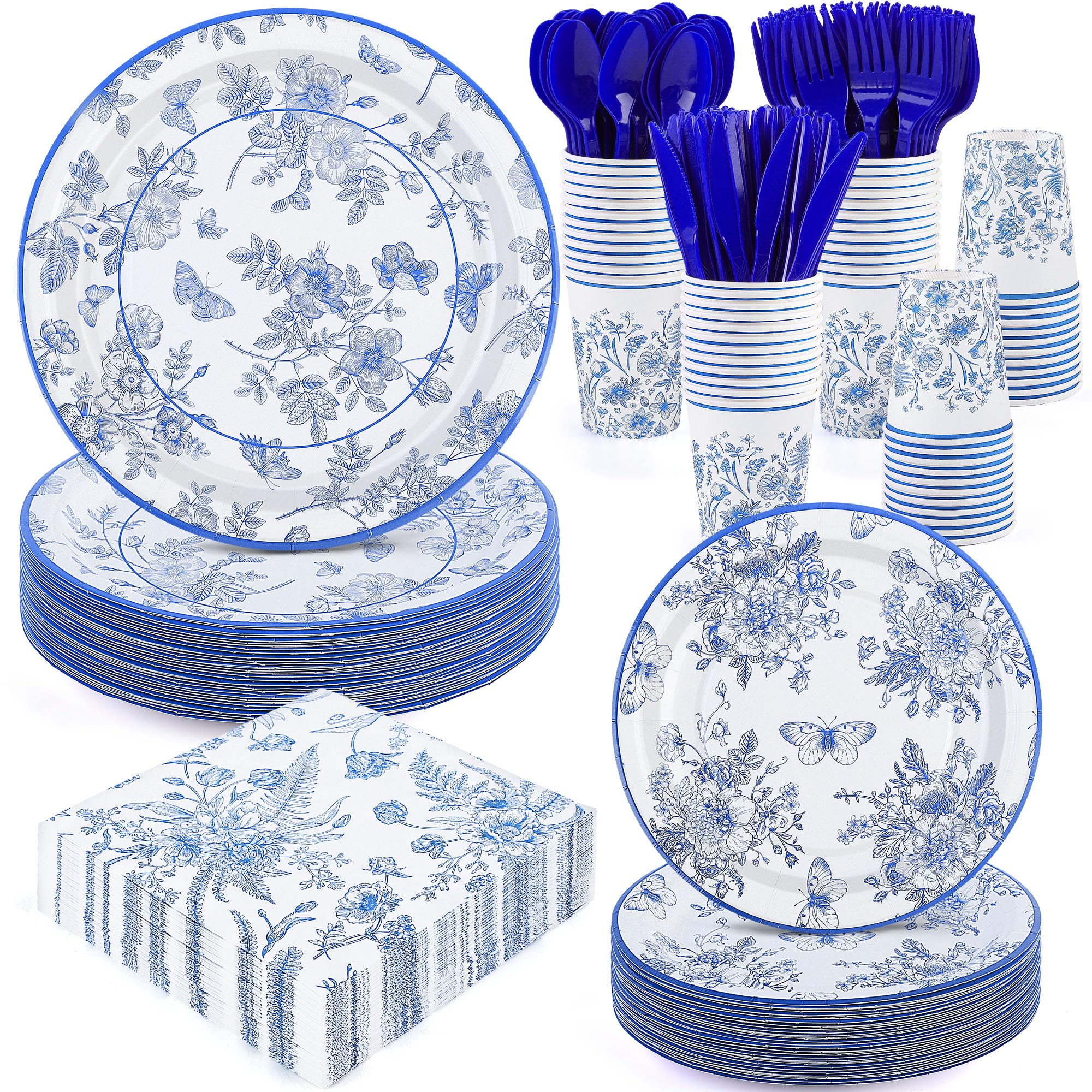 Amazon.com: durony 350 Pieces Blue & White Floral Party Supplies 7 Inch ...
