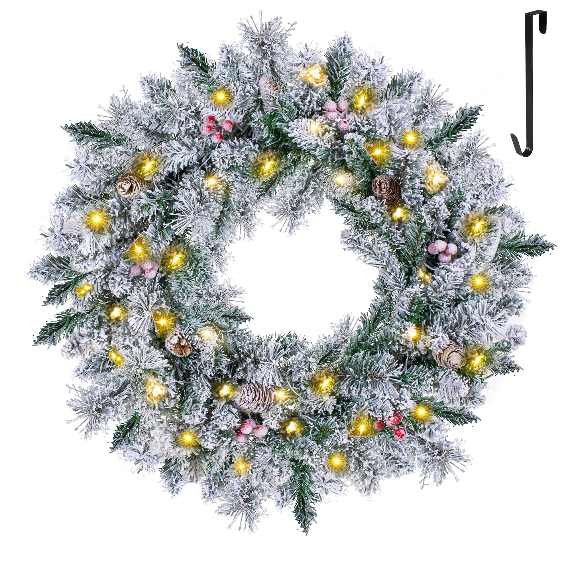 Amazon.com: LOENIY Pre-lit Snow Flocked Christmas Wreath for Front Door ...