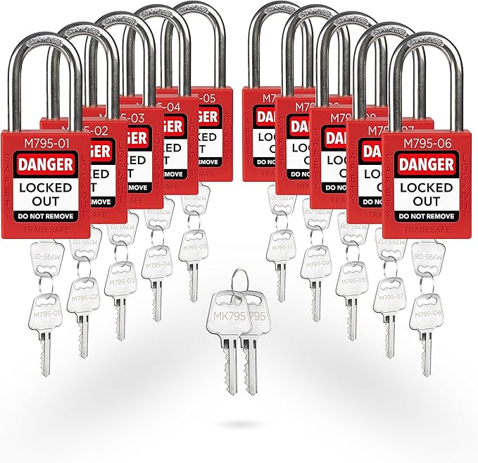 TRADESAFE Lockout Tagout Locks Set with Master Keys - 10 Red Loto Locks ...