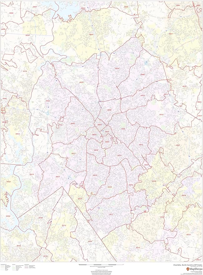 Amazon.com : Charlotte, North Carolina Zip Codes - 36" x 48" Laminated ...