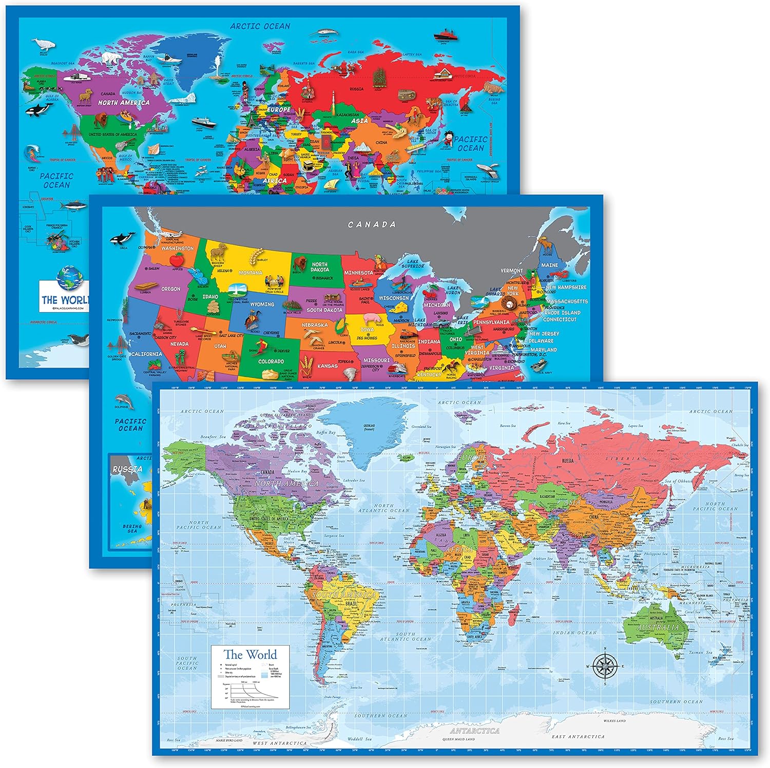 3 Pack - World & USA Map Chart [Illustrated Short] + World Map [Blue ...
