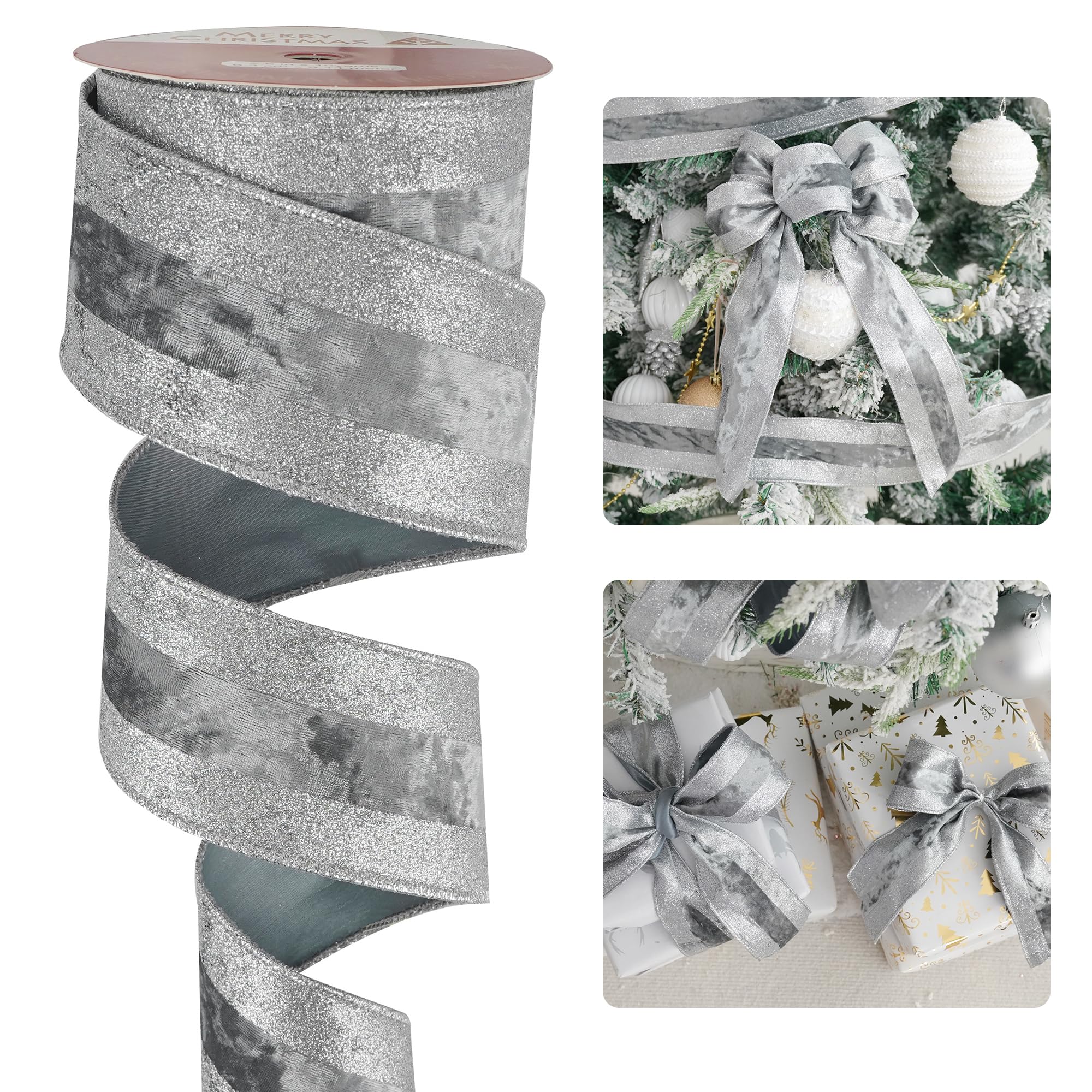 Amazon.com: HUIHUANG Silver Wired Ribbon with Glitter Stripe 2.5 inch ...