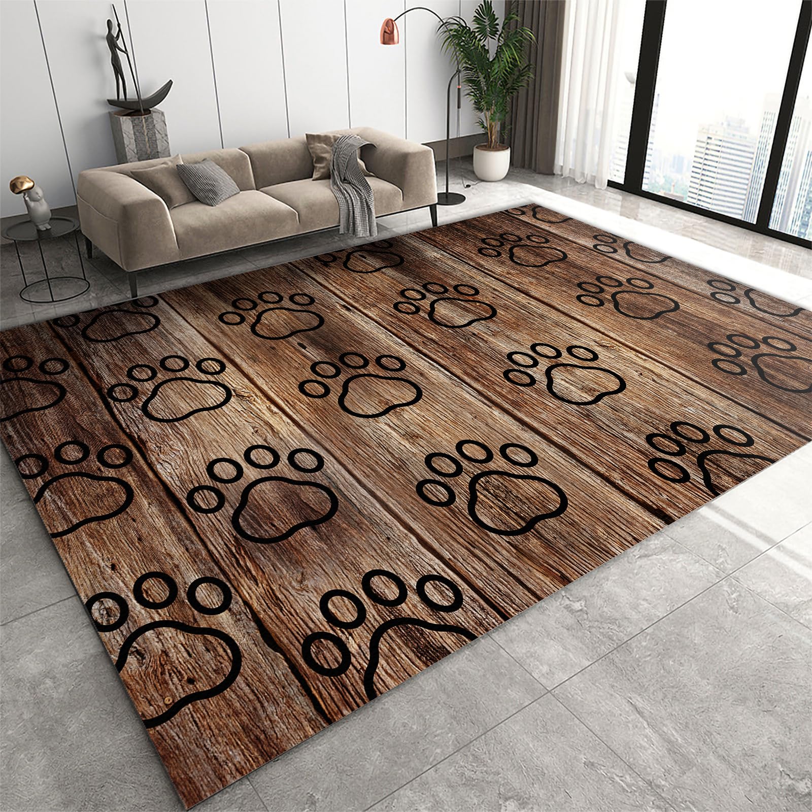 Black Dog Paw Print Washable Rugs, Simple Dark Brown Background Area ...