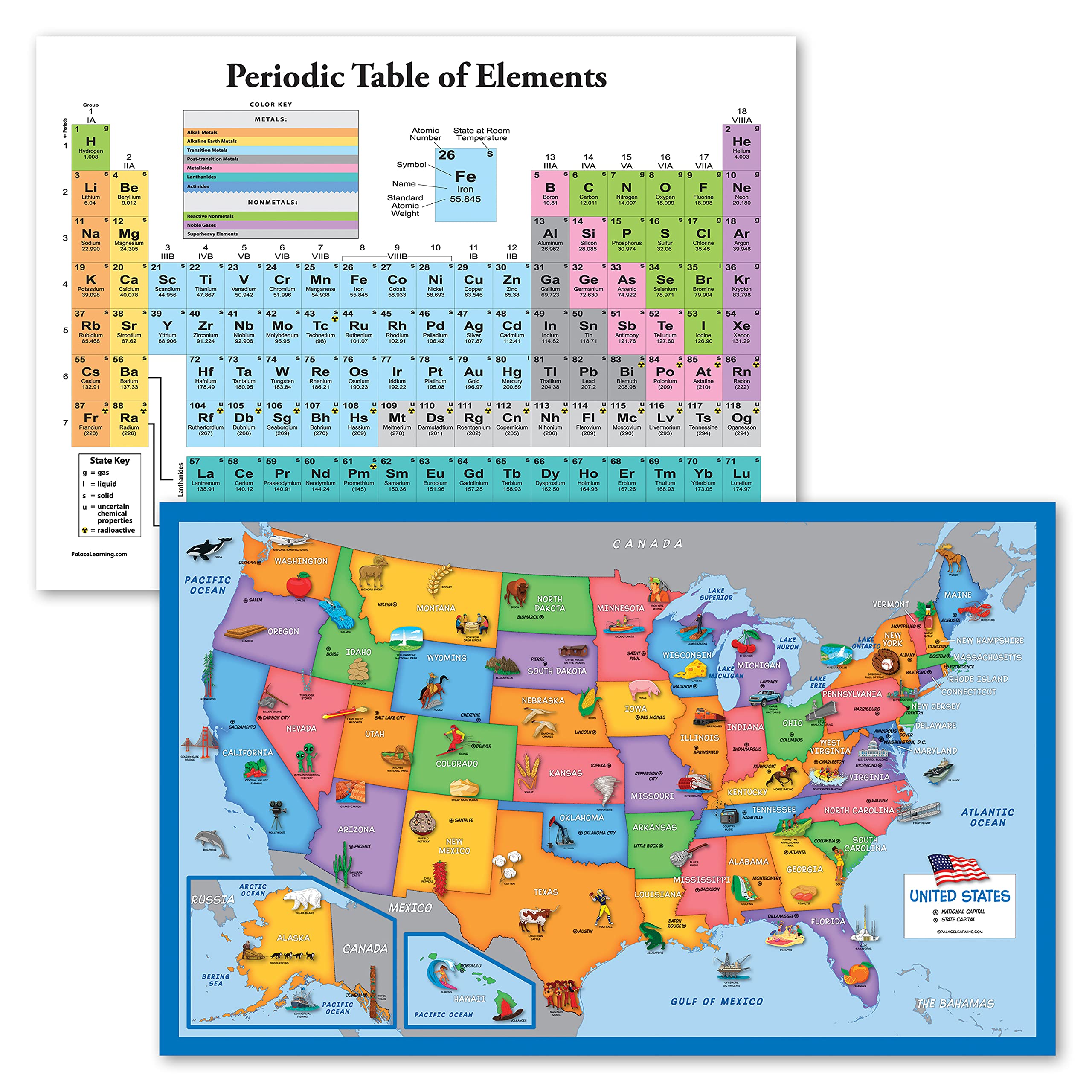Buy 2 Pack - Periodic Table of the Elements [White] & Illustrated USA ...