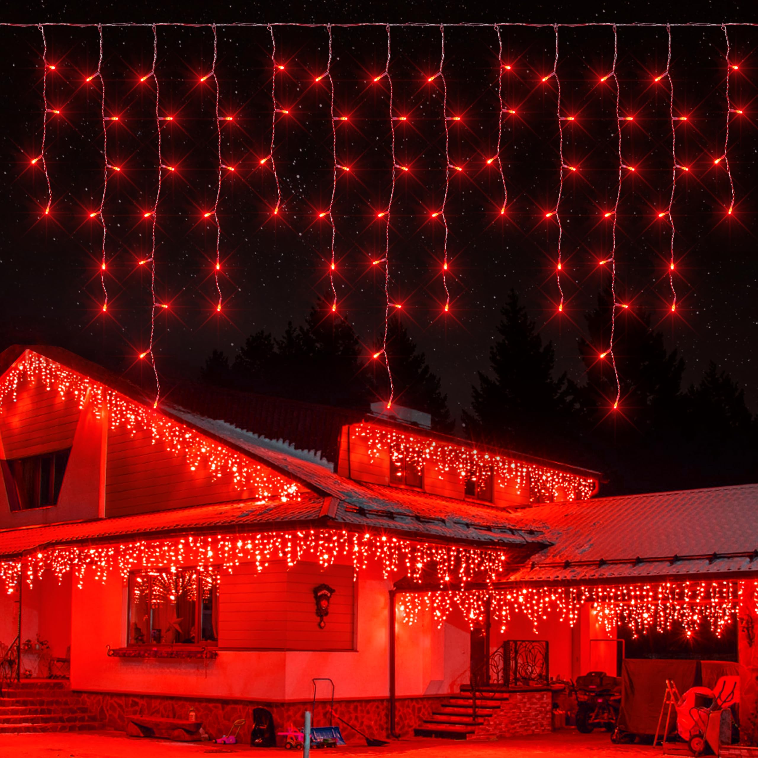 Qunlight 300L LED Icicle Lights, Red Window Curtain Lights,8 Modes with ...