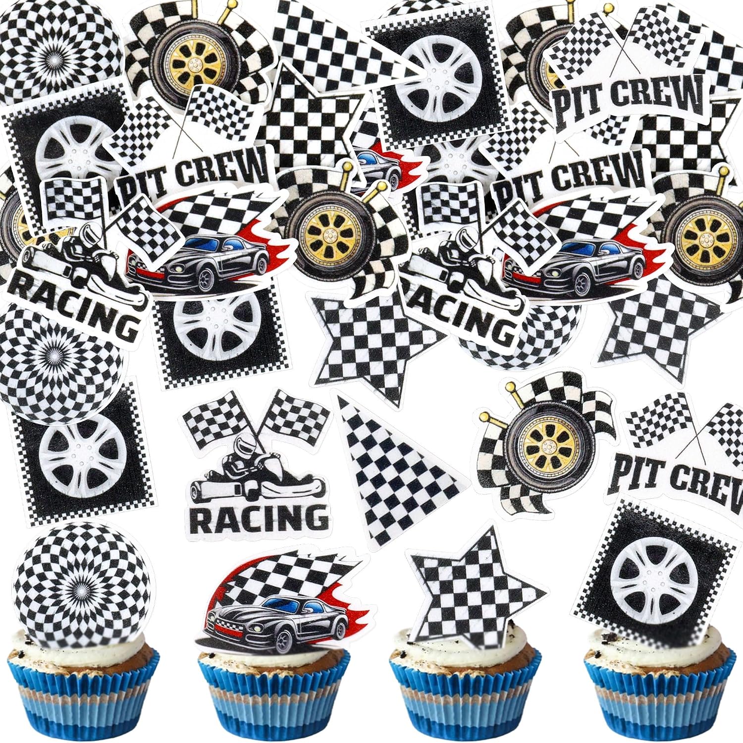 Amazon.com: 40Pcs Edible Racing Car Wheels Cupcake Toppers Black White ...