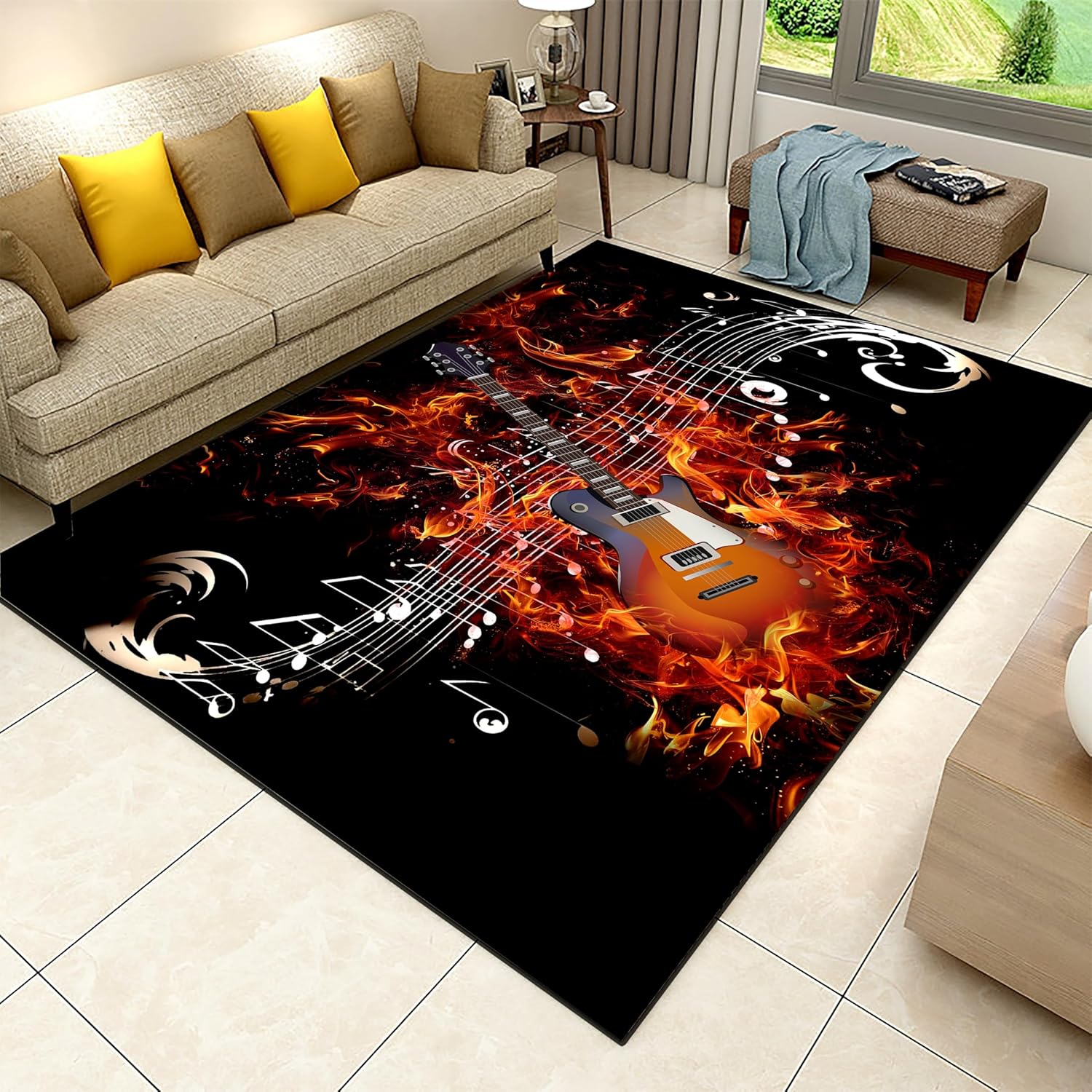 Amazon.com: Gold Burning Guitar Area Rug, 5x7ft, Musical Note Flame ...
