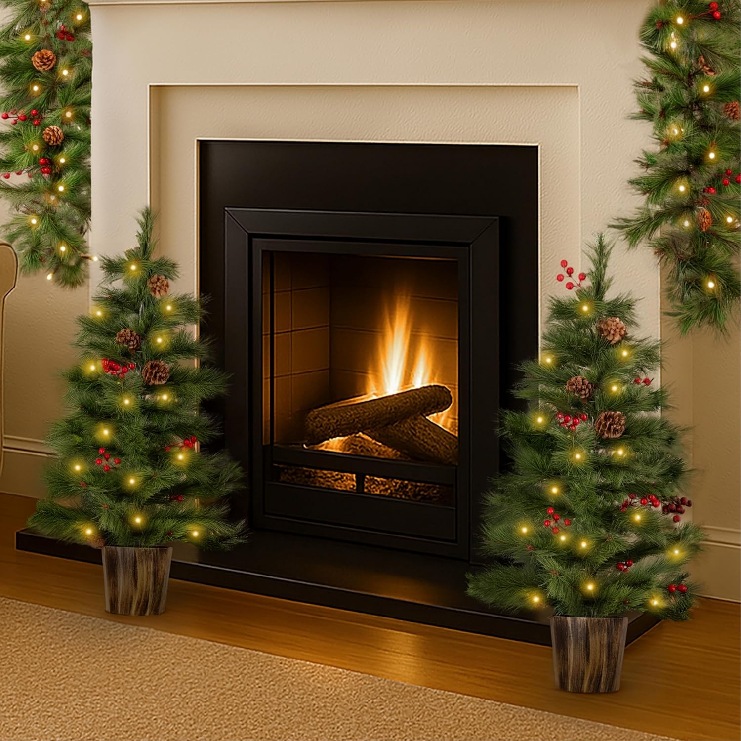 Marco Paul Pre Lit Pine & Red Berry Artificial Christmas Trees - Set of ...