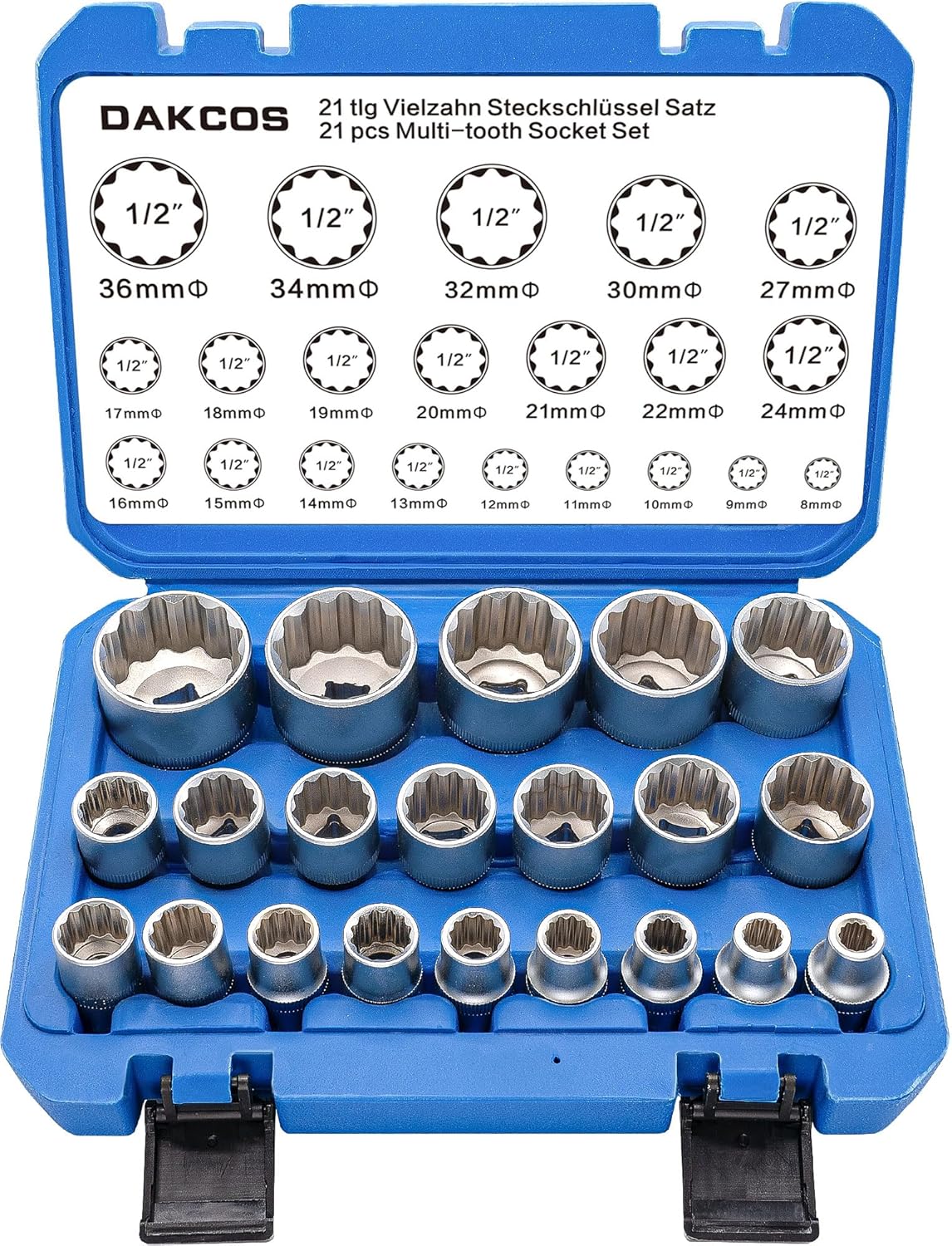 DAKCOS 21pcs Spline Socket Set 1/2’ Multi-Tooth Socket Set 12-Point ...