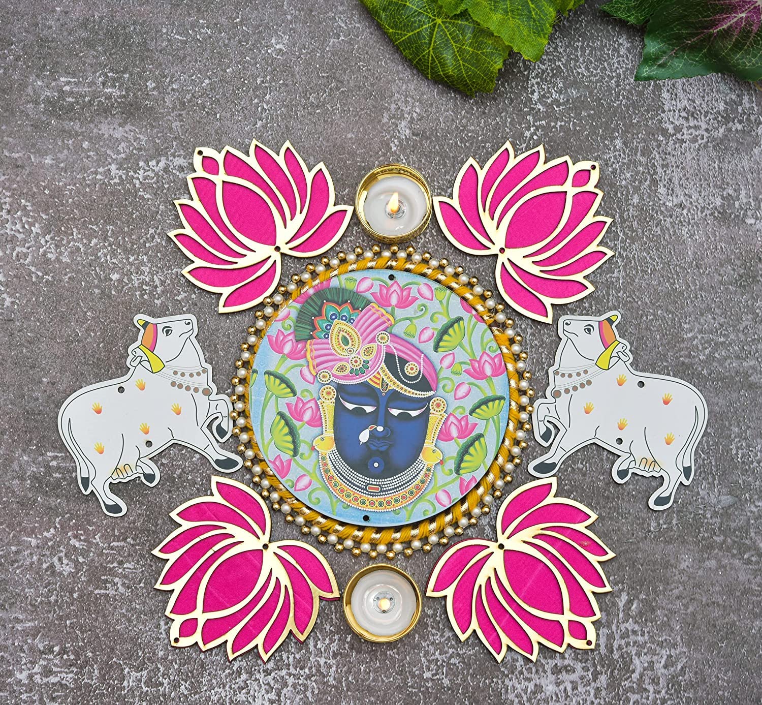 GIFT JAIPUR 7 Pc Pink Lotus Shrinathji and pichwai Cow Cutouts diyas ...