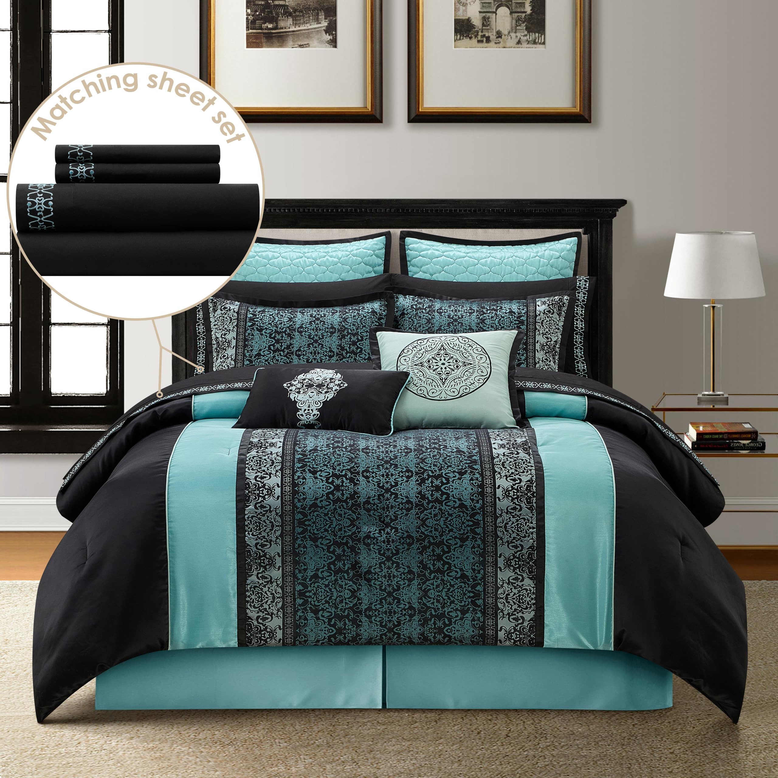 Stratford Park Black & Teal Comforter Set King Size, Classic Jacquard Bedding Sets, Faux Silk ...