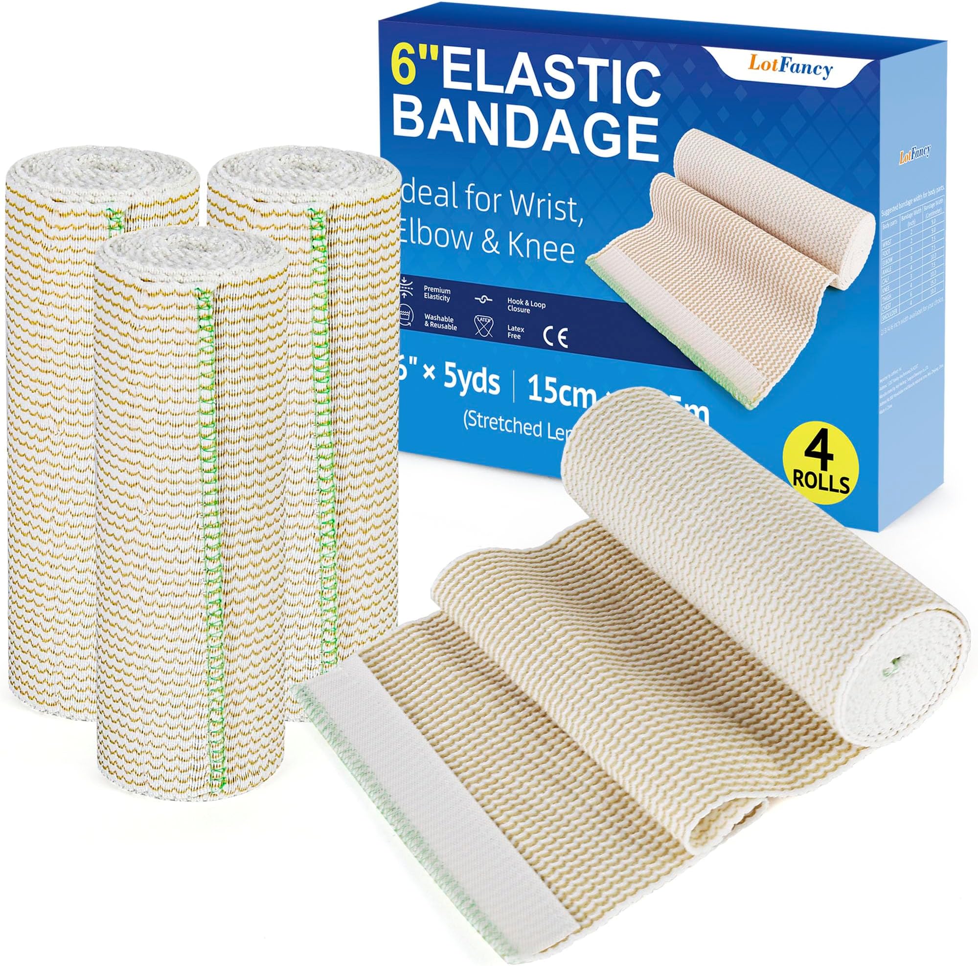 Amazon.com: LotFancy Elastic Bandage Wrap, (6" Wide x 15 Feet), 4 Pack ...