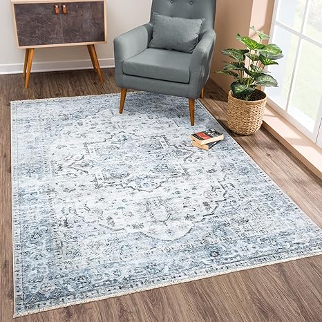 Amazon.com: Bloom Rugs Caria Washable Non-Slip 4x6 Rug - Ivory/Blue ...