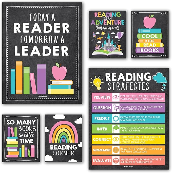 Amazon.com: Hadley Designs Motivational Reading Posters For Classroom ...