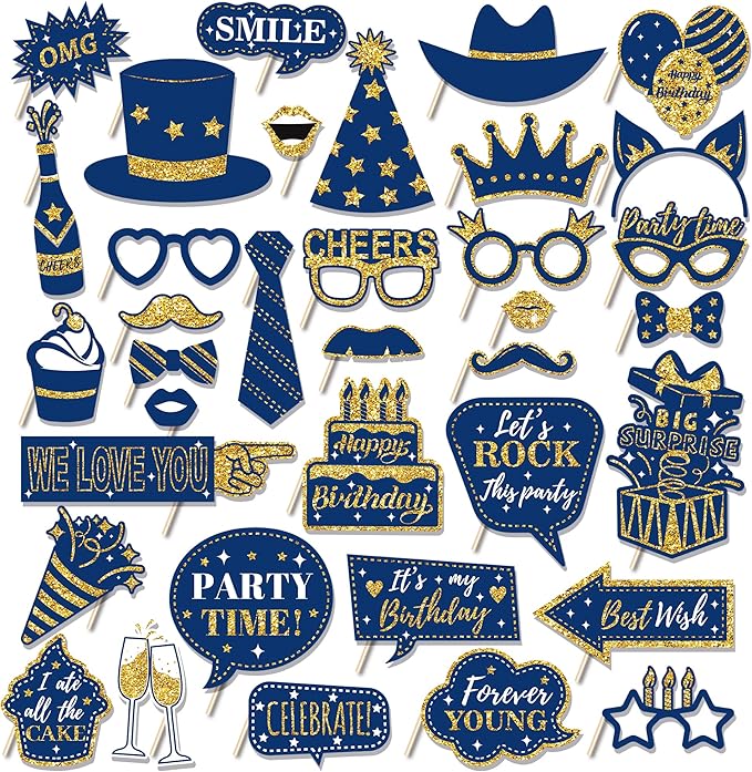 Amazon.com: 30 Pcs Birthday Photo Booth Props Black, Blue Birthday ...