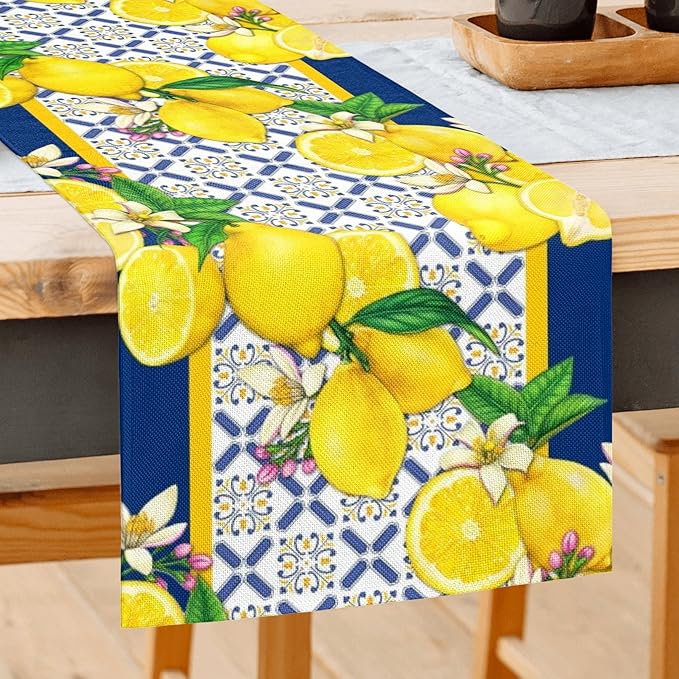 Amazon.com: Jbralid Lemon Table Runner Spring Summer Seasonal Yellow Blue Table Runners ...