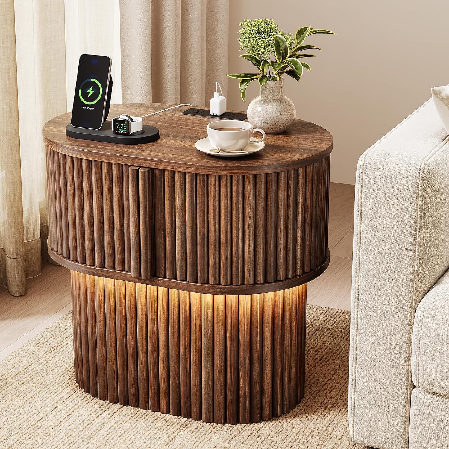 Amazon.com: Oval End Table with LED Light, Large Beside Table with ...
