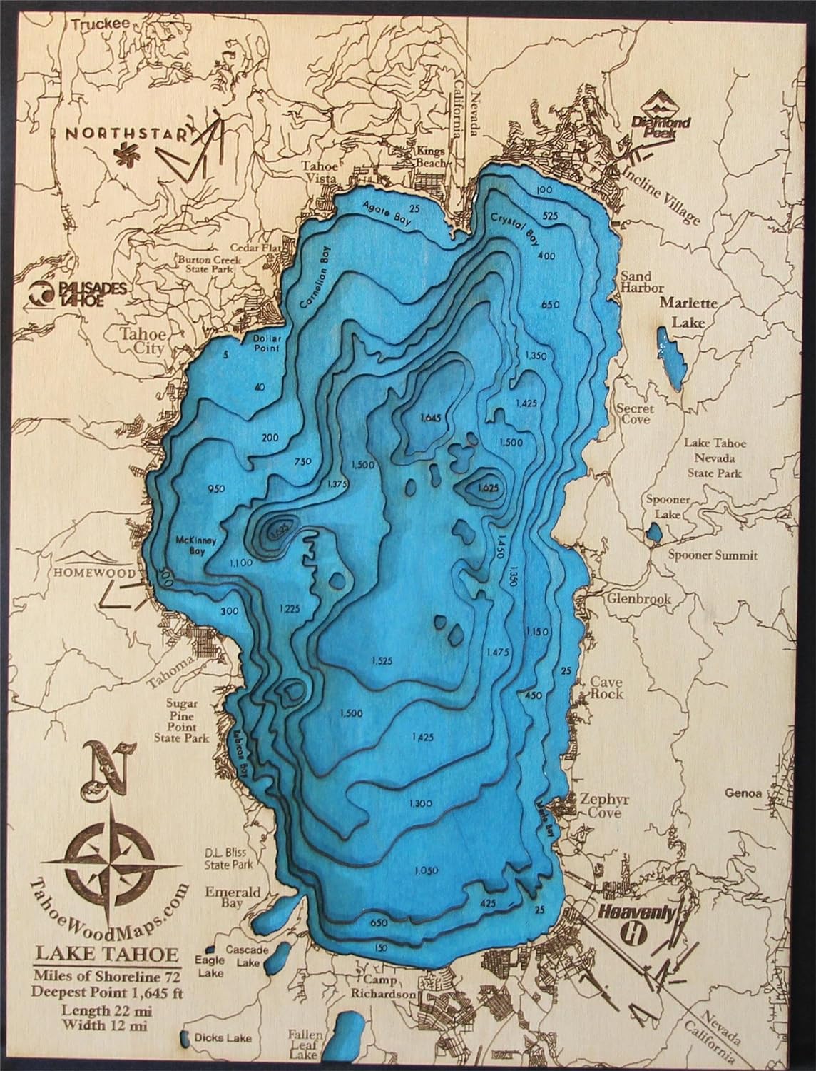 Mini BLUE! Lake Tahoe 3D Wooden Map
