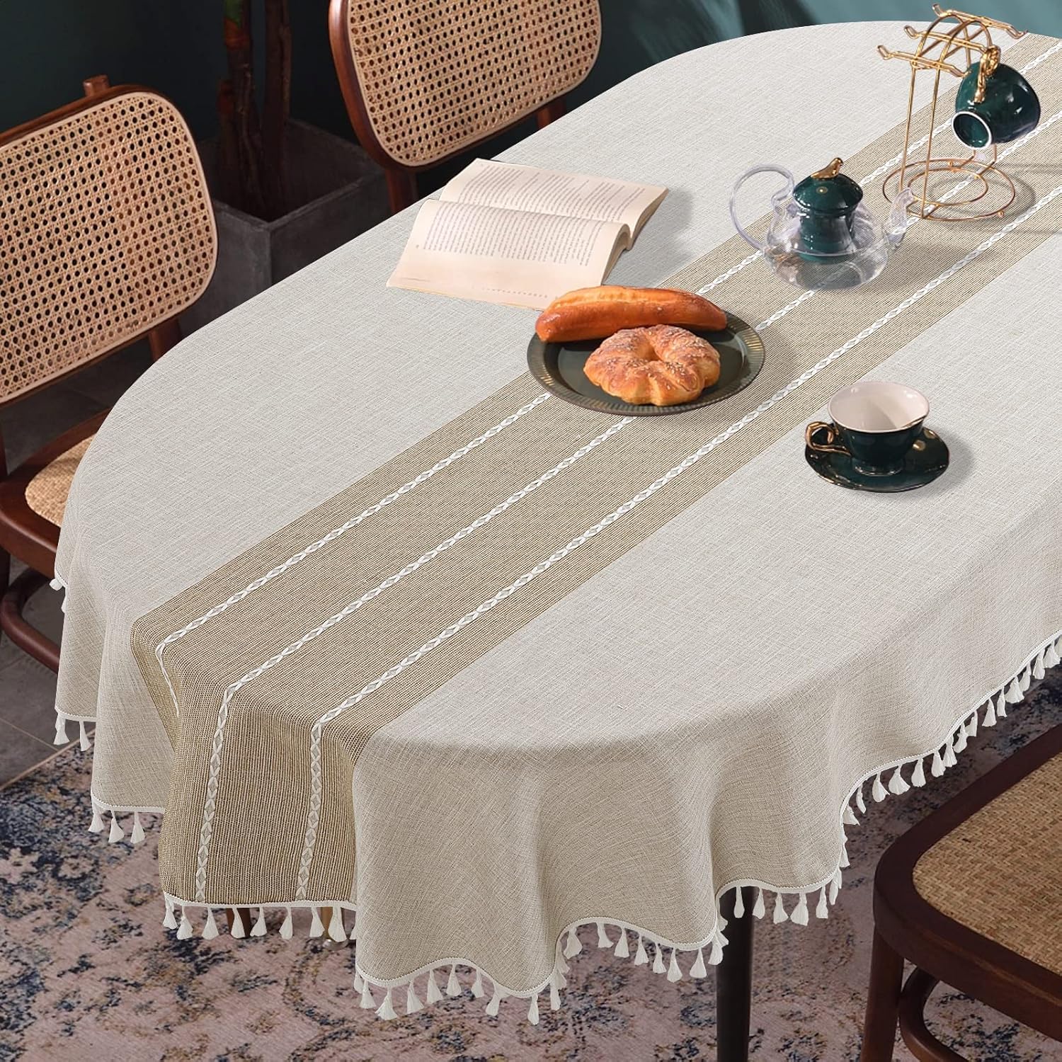 Amazon.com: HOMBYS Solid Embroidery Oval Tablecloth with Tassels for ...