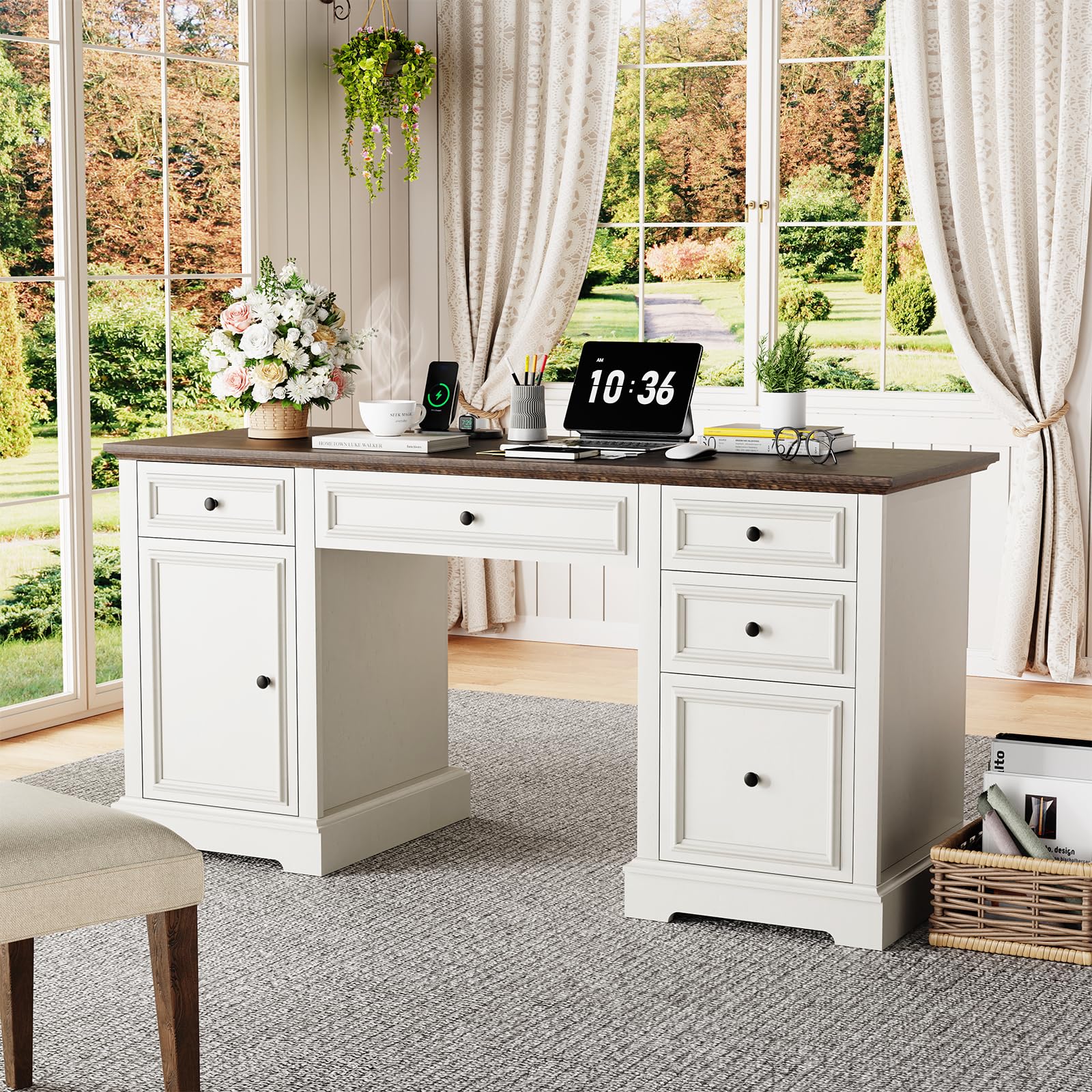 Amazon.com: Sunny Heart 60" Farmhouse Executive Desk, Wood Computer ...