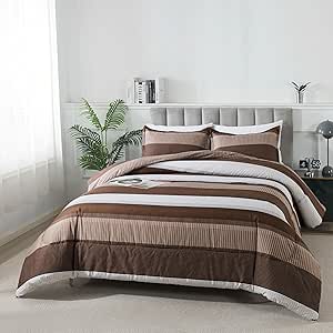 Andency Stripe Comforter Set Full Size (79x90 Inch), 3 Pieces Brown ...