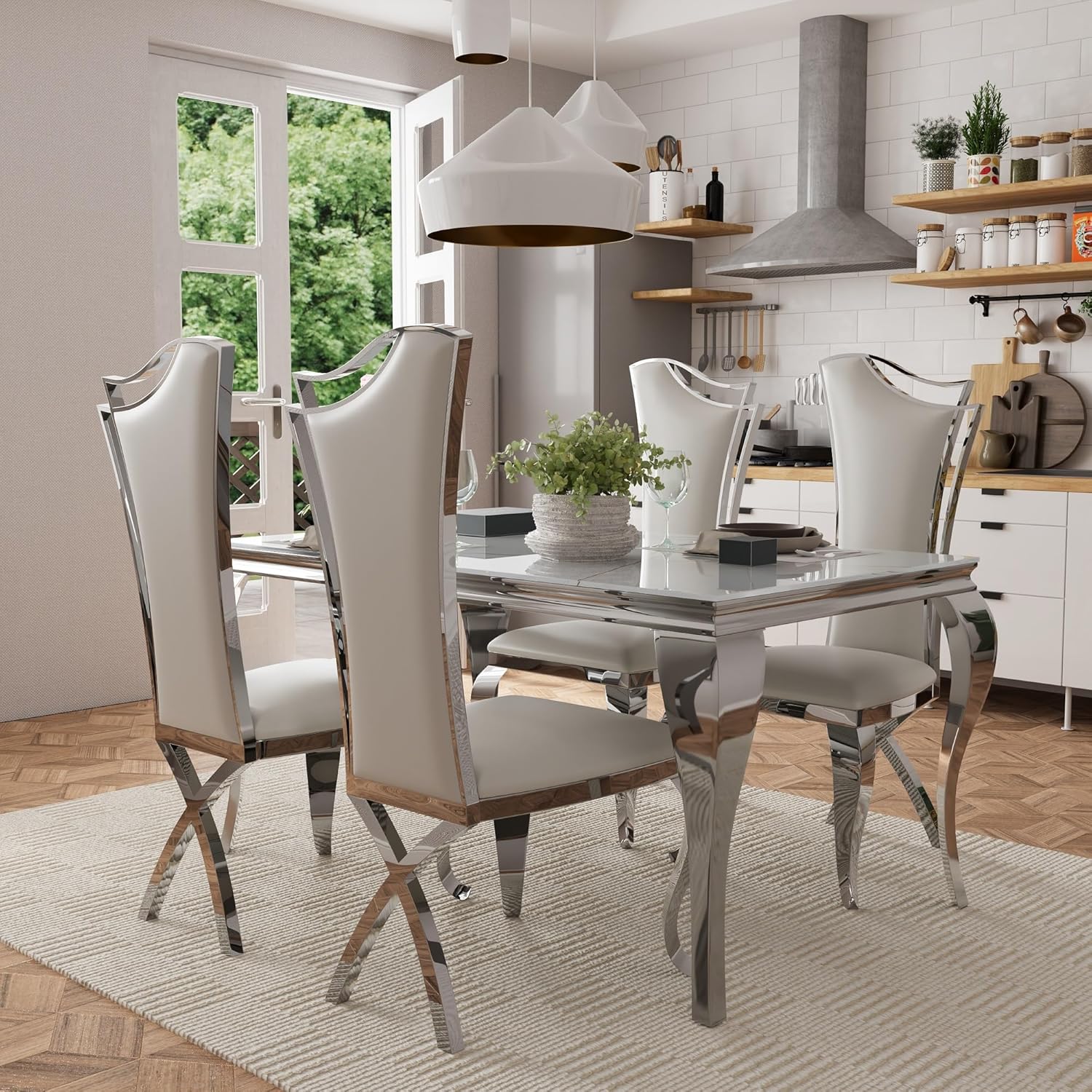 Amazon.com - Asday 5-Piece Silver Dining Table Set, 63-inch White Glass ...