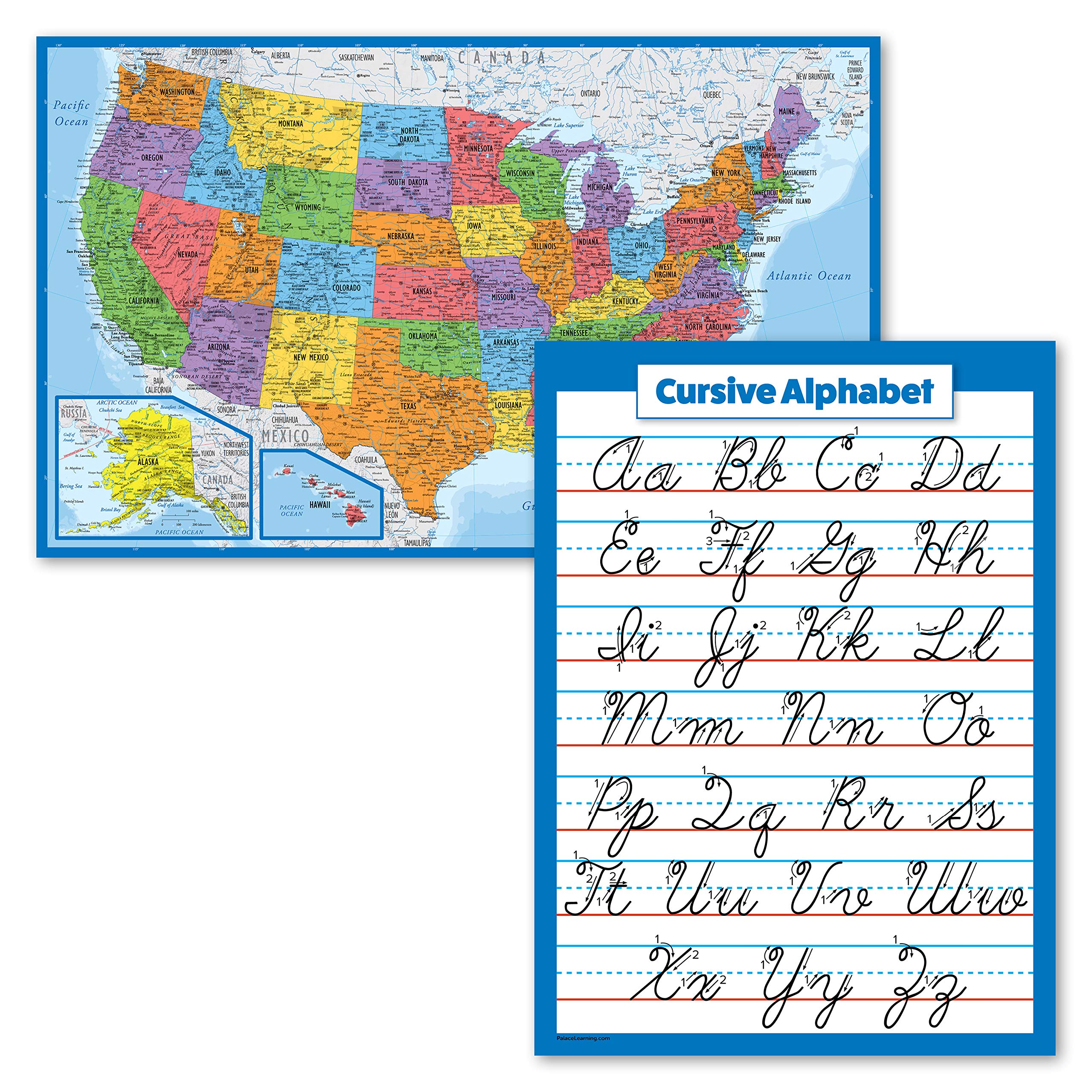 Buy 2 Pack - USA [Blue Ocean] & Cursive Handwriting ABC Alphabet Chart ...