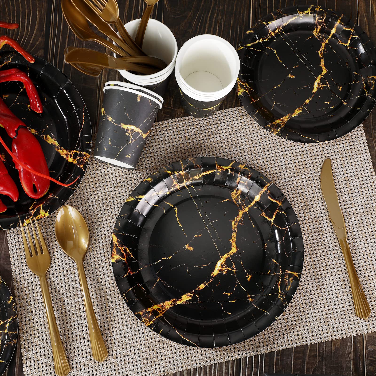 Sawysine 300 Pcs Disposable Paper Dinnerware Set 50 Guests, 100 Gold ...