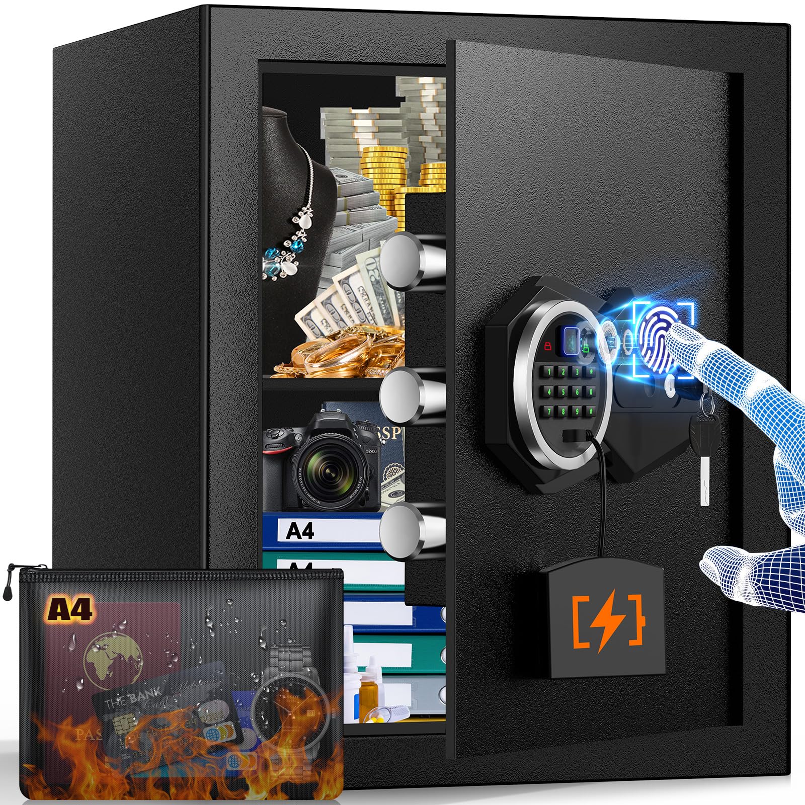 2.0 cu ft Biometric Large Safe Box with A4 Fireproof Bag, Quick Access ...
