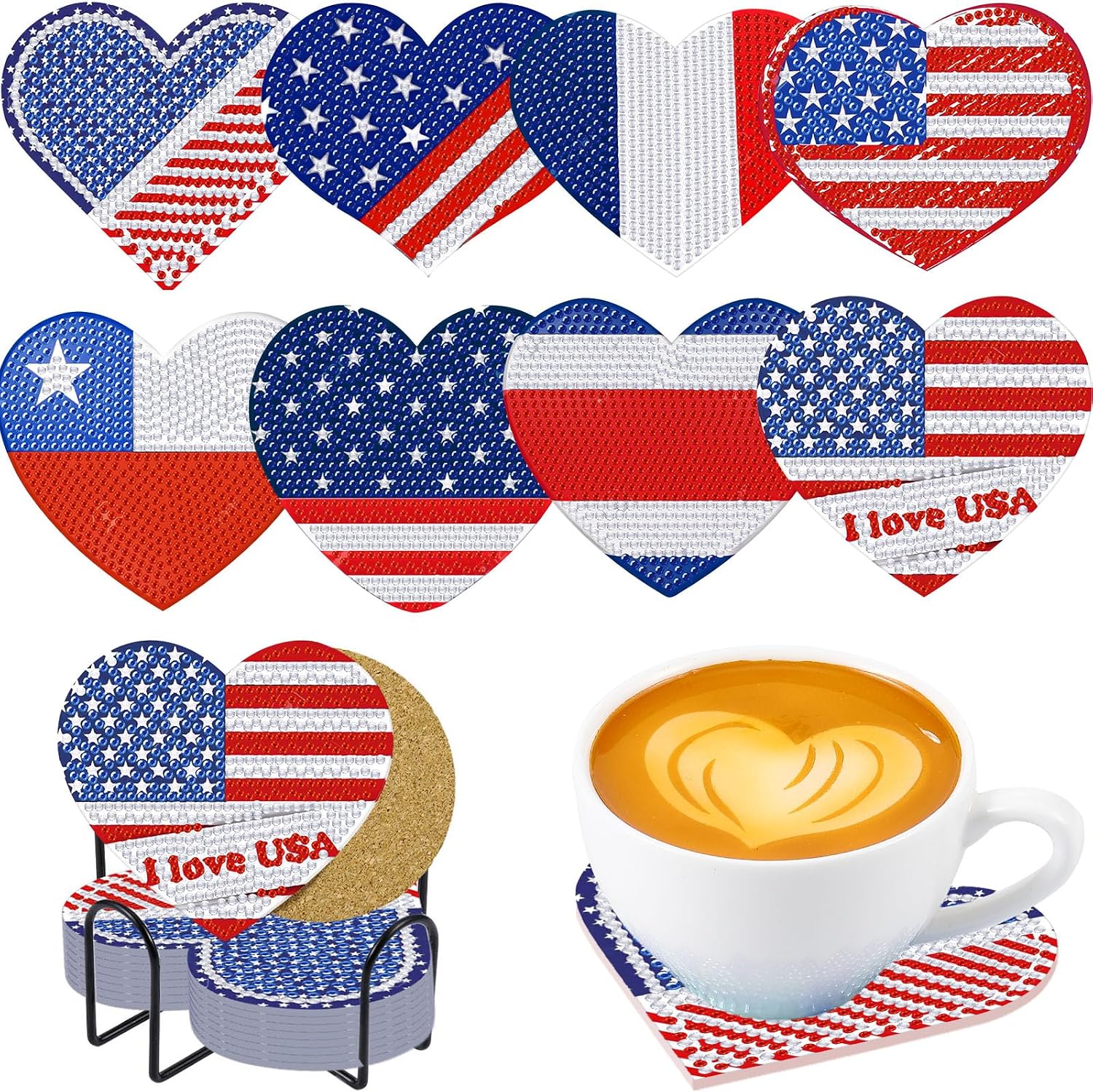 Amazon.com: Hsei 16 Pcs 4th of July Diamond Coaster with Holder ...
