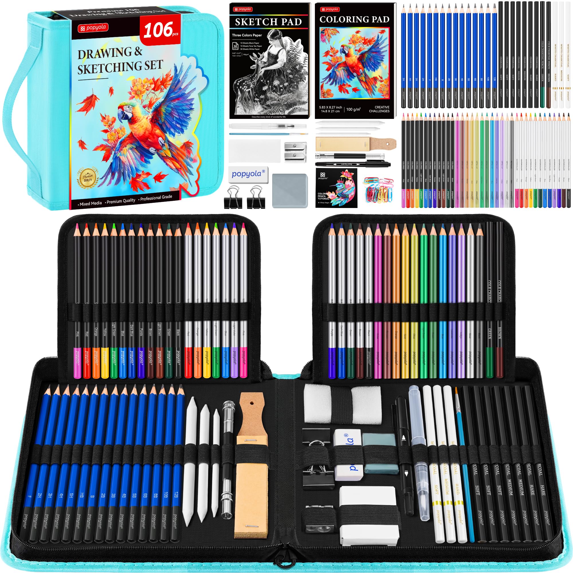 106 Pack Drawing Set Sketching Kit, Pro Art Supplies with 3-Color ...