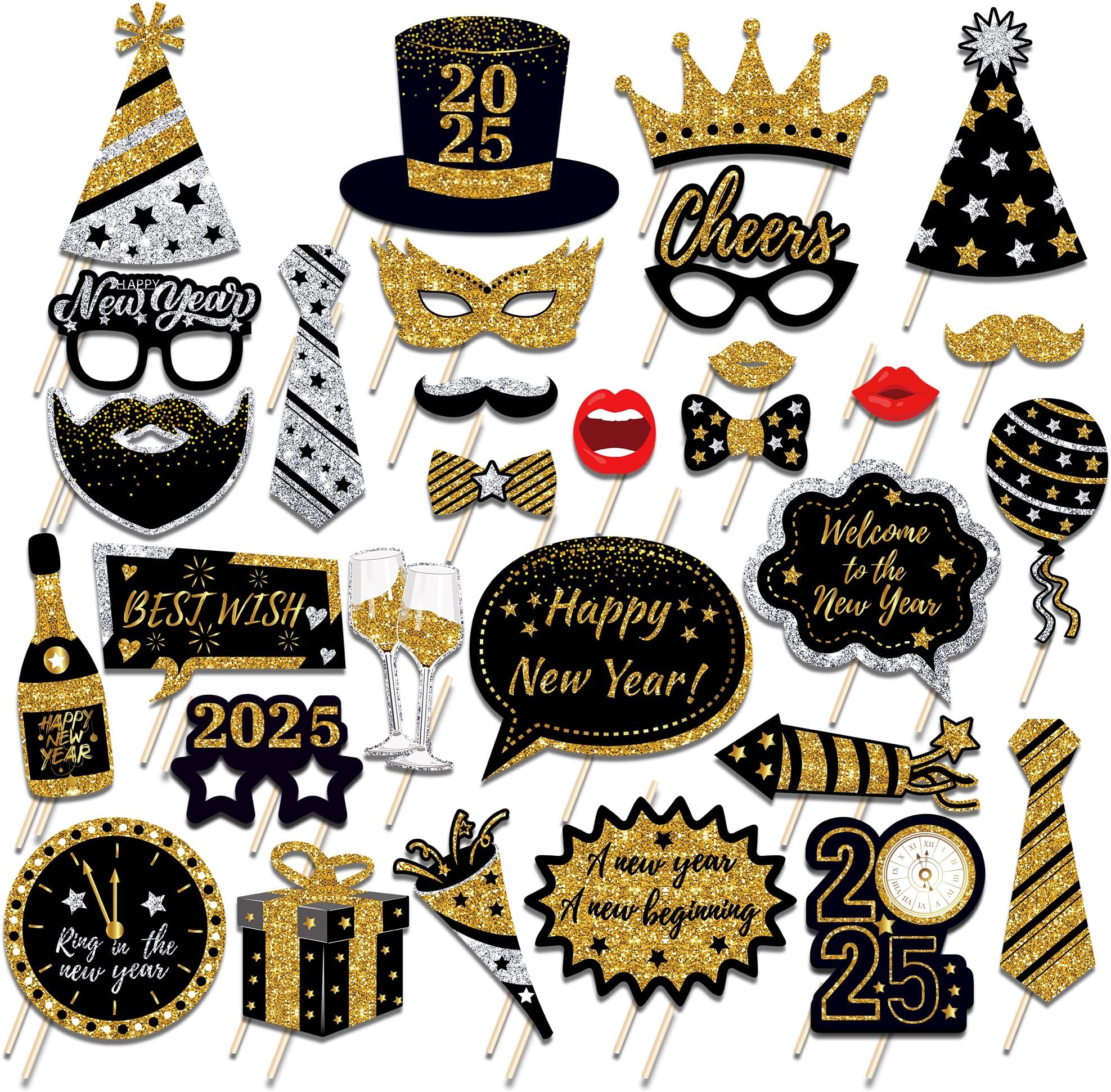 Amazon.com: Black Gold & Silver NYE Photo Party Props - 30 Pcs, Funny ...