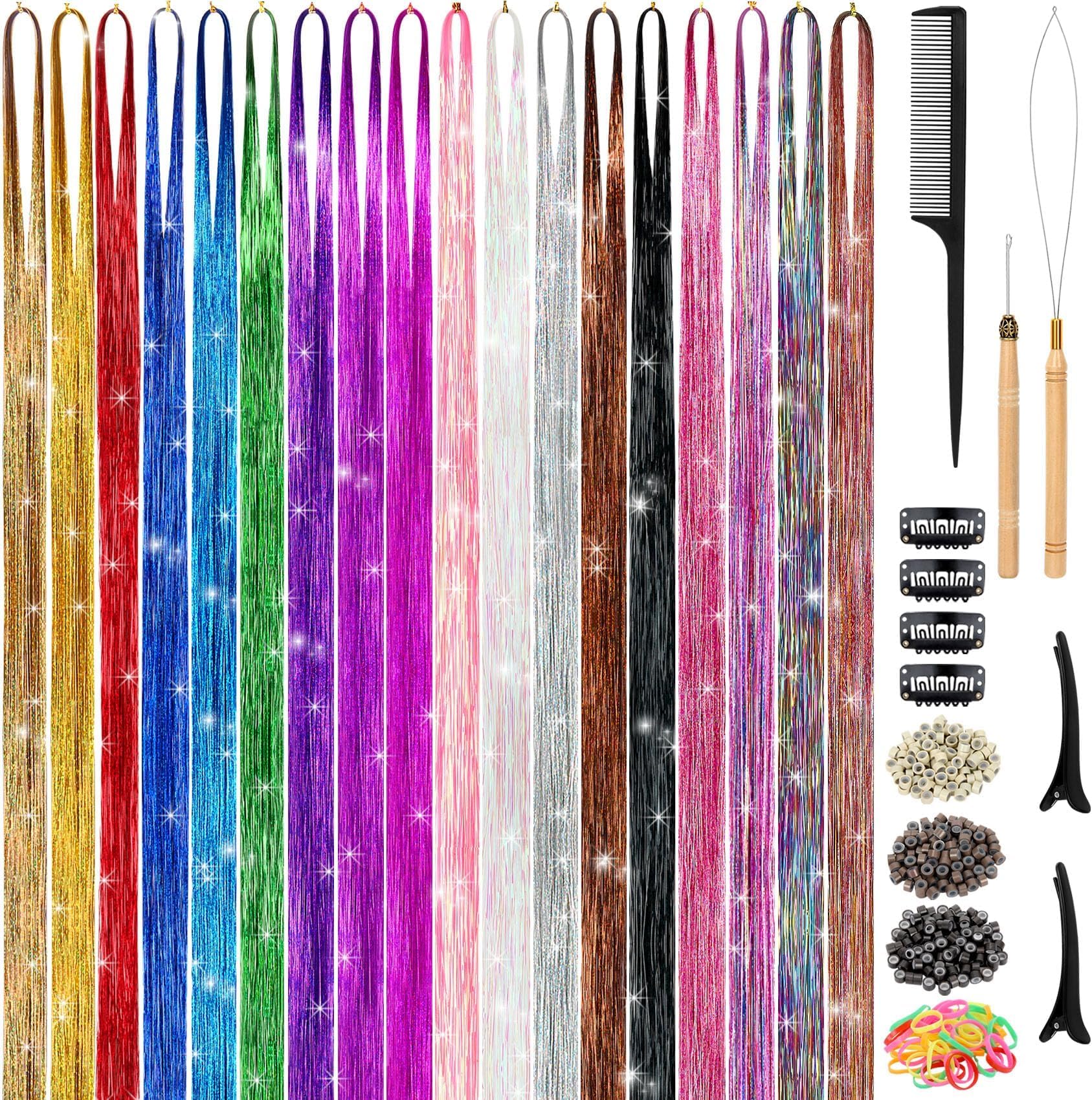 Amazon.com : 48 Inch Glitter Hair Tinsel Extensions Kit (16 Colors ...