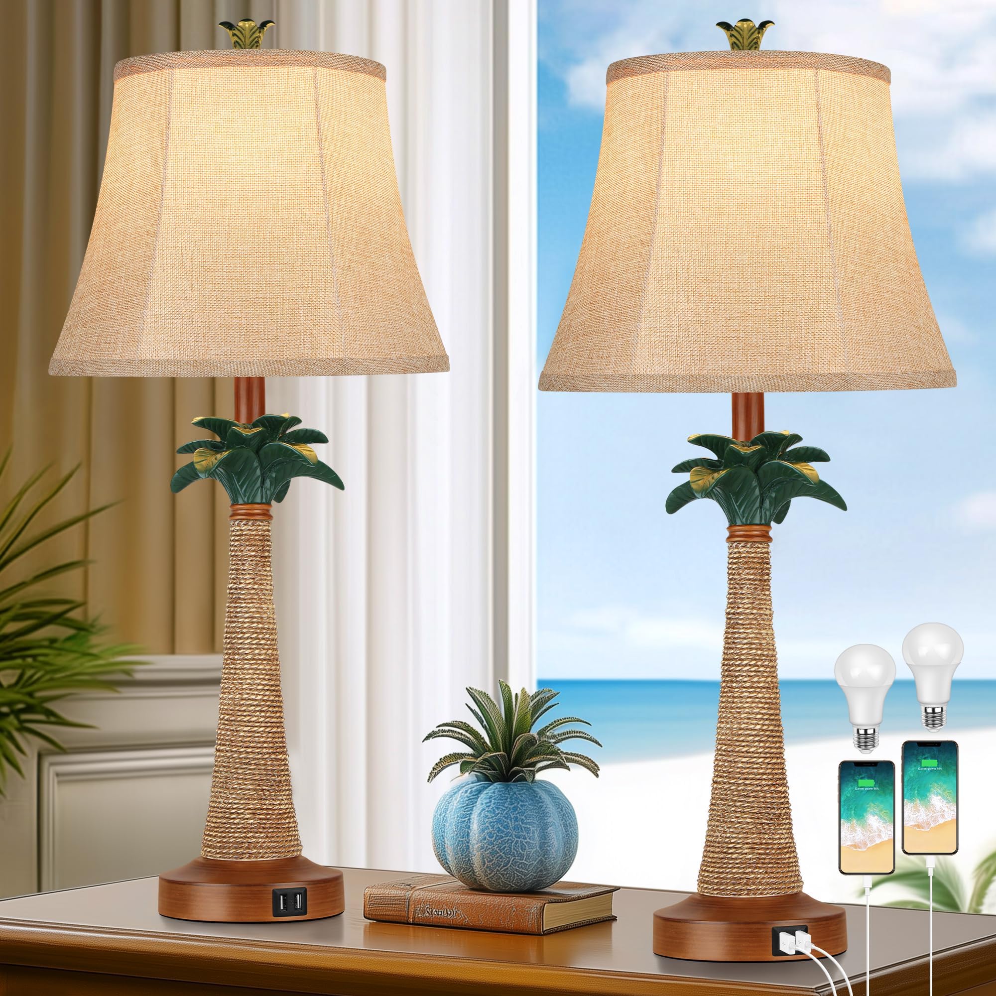 Set of 2 Coastal Palm Tree Table Lamps with 2 USB Ports for Living Room ...