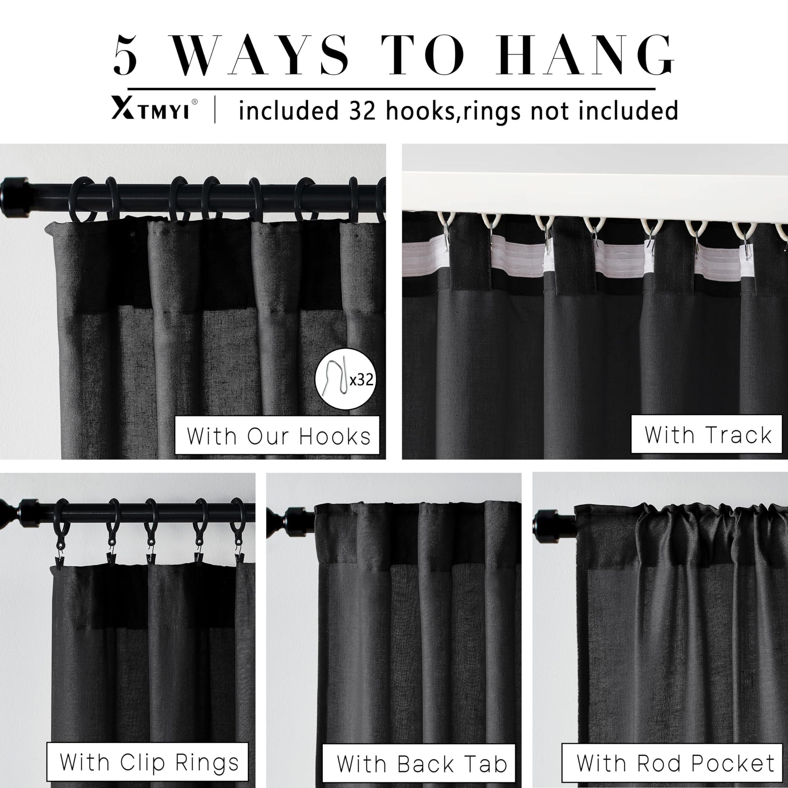 XTMYI Living Room Black Back Tab/Hook Belt Linen Cotton Sheer Curtains ...