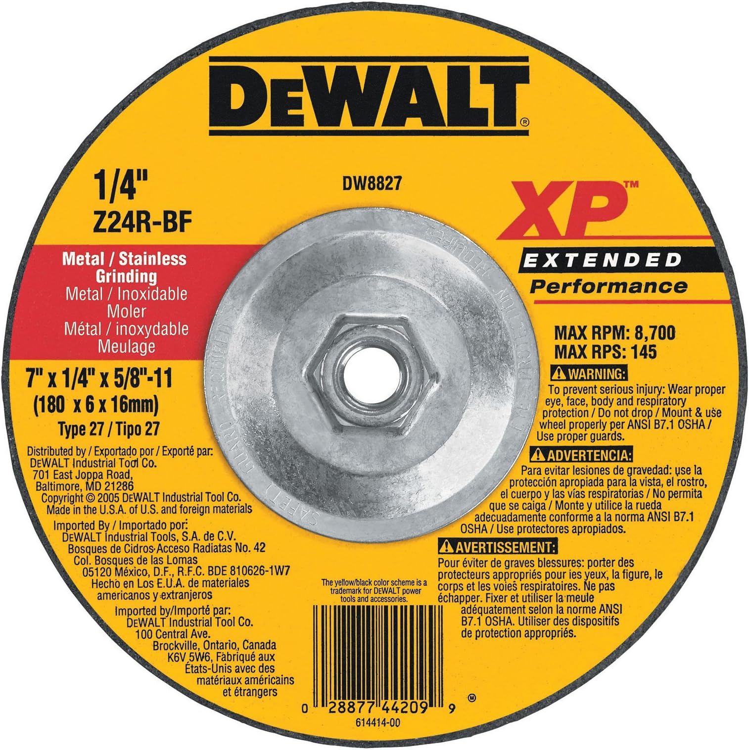 Dewalt DW8827 7-Inch by 1/4-Inch by 5/8-Inch -11 XP Grinding Wheel ...