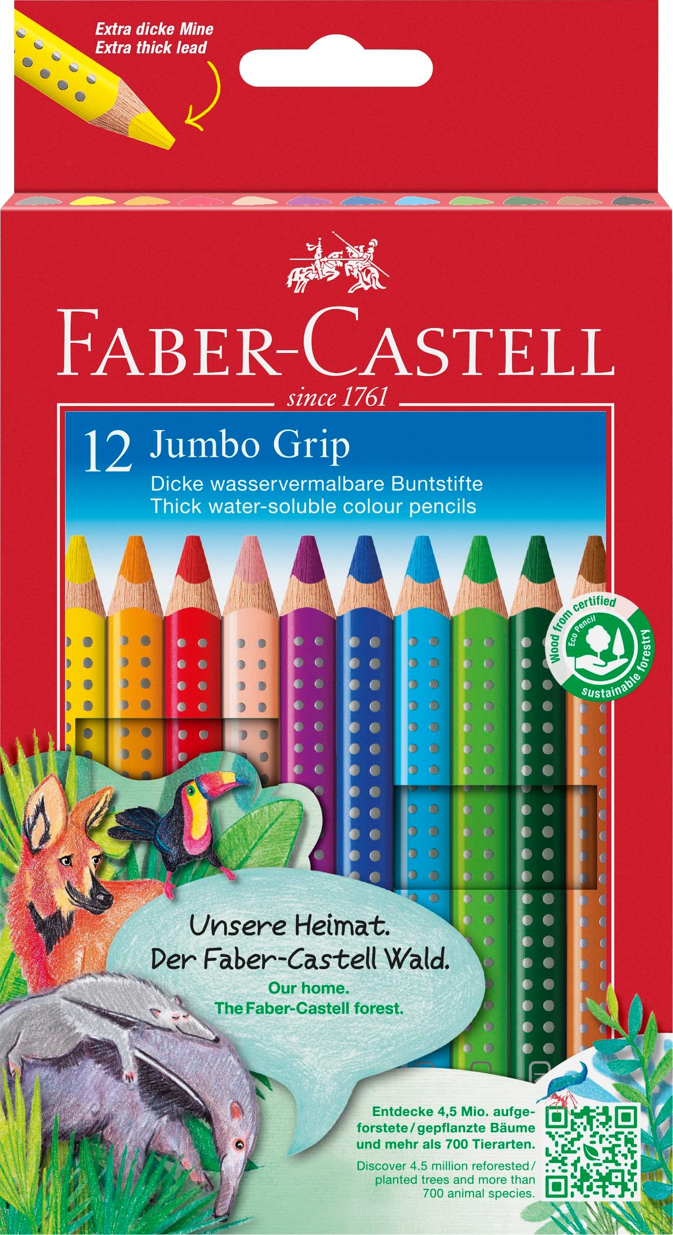 Faber-Castell 110912 - Crayons de couleur Jumbo GRIP, carton de 12, l ...