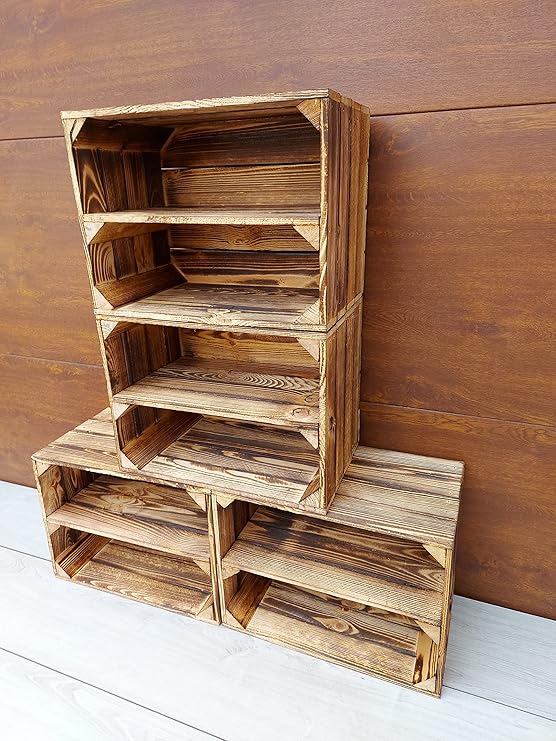 PYXIDAS Wooden Crates Burnt Effect Natural Long Short Smaller Storage ...