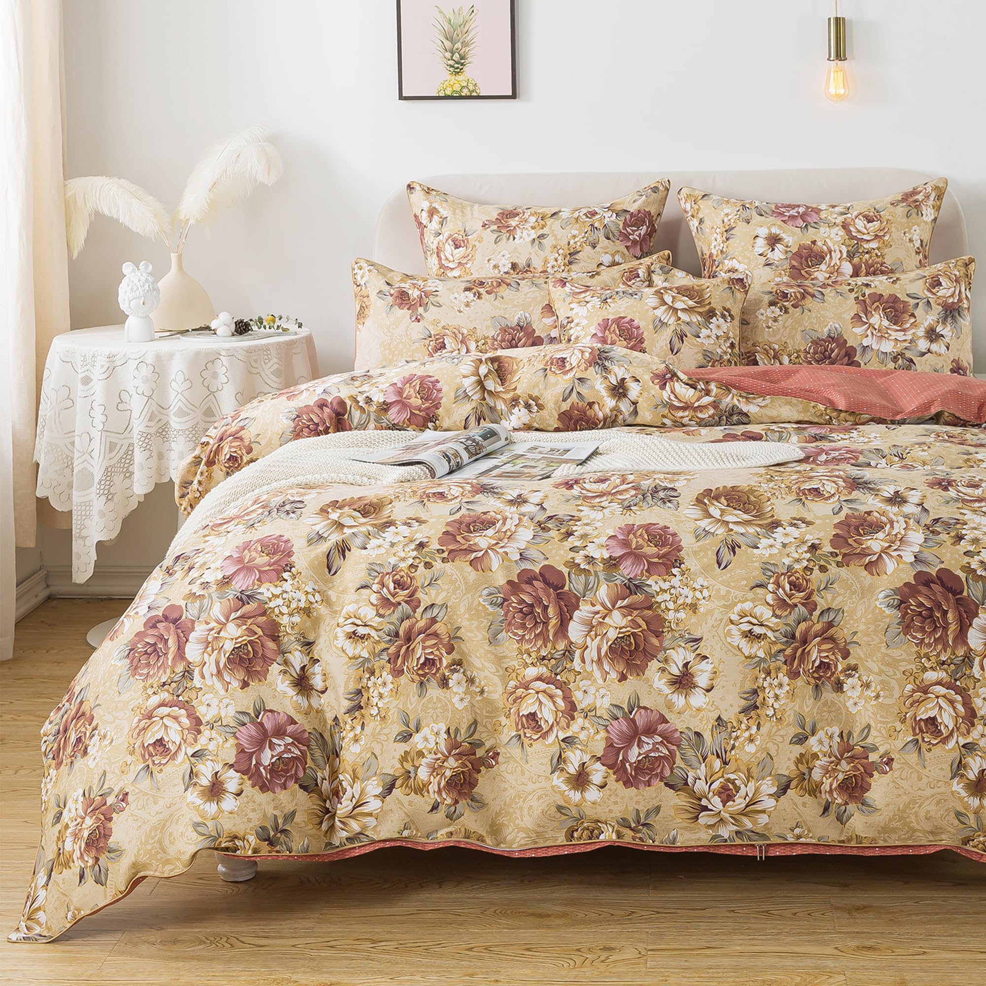 Amazon.com: FADFAY Duvet Cover Sets Queen Tan Peony Floral Bedding ...