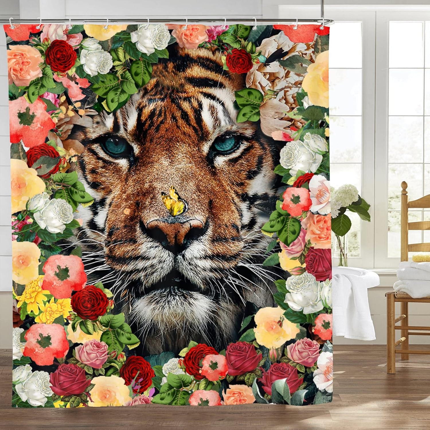 Amazon.com: Bivycud Tiger Shower Curtain, Tiger in Flora with Butterfly ...