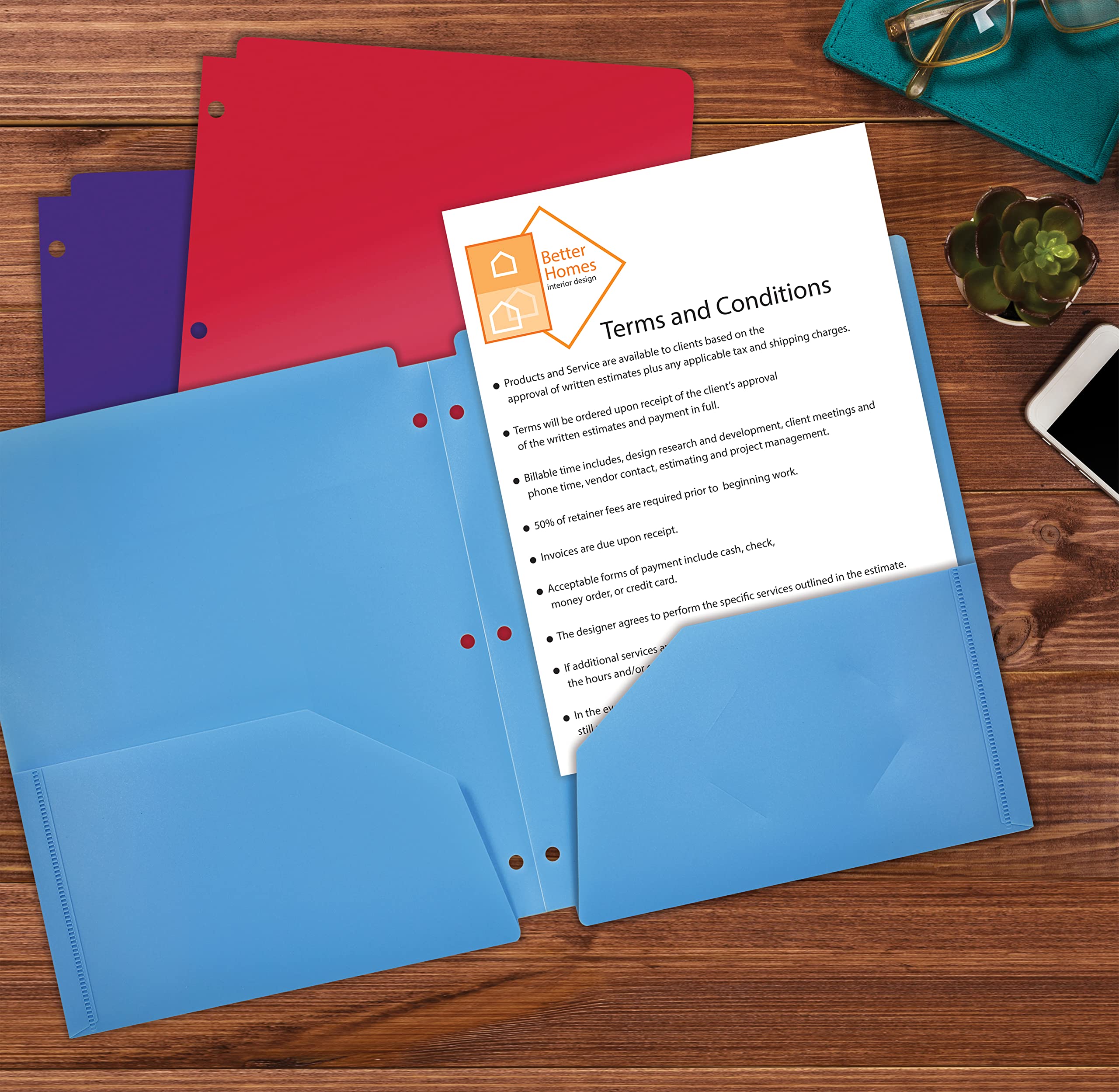 3 Hole Punch Pocket Folders, Bulk Pack, Sturdy Plastic 2 Pocket Folders ...