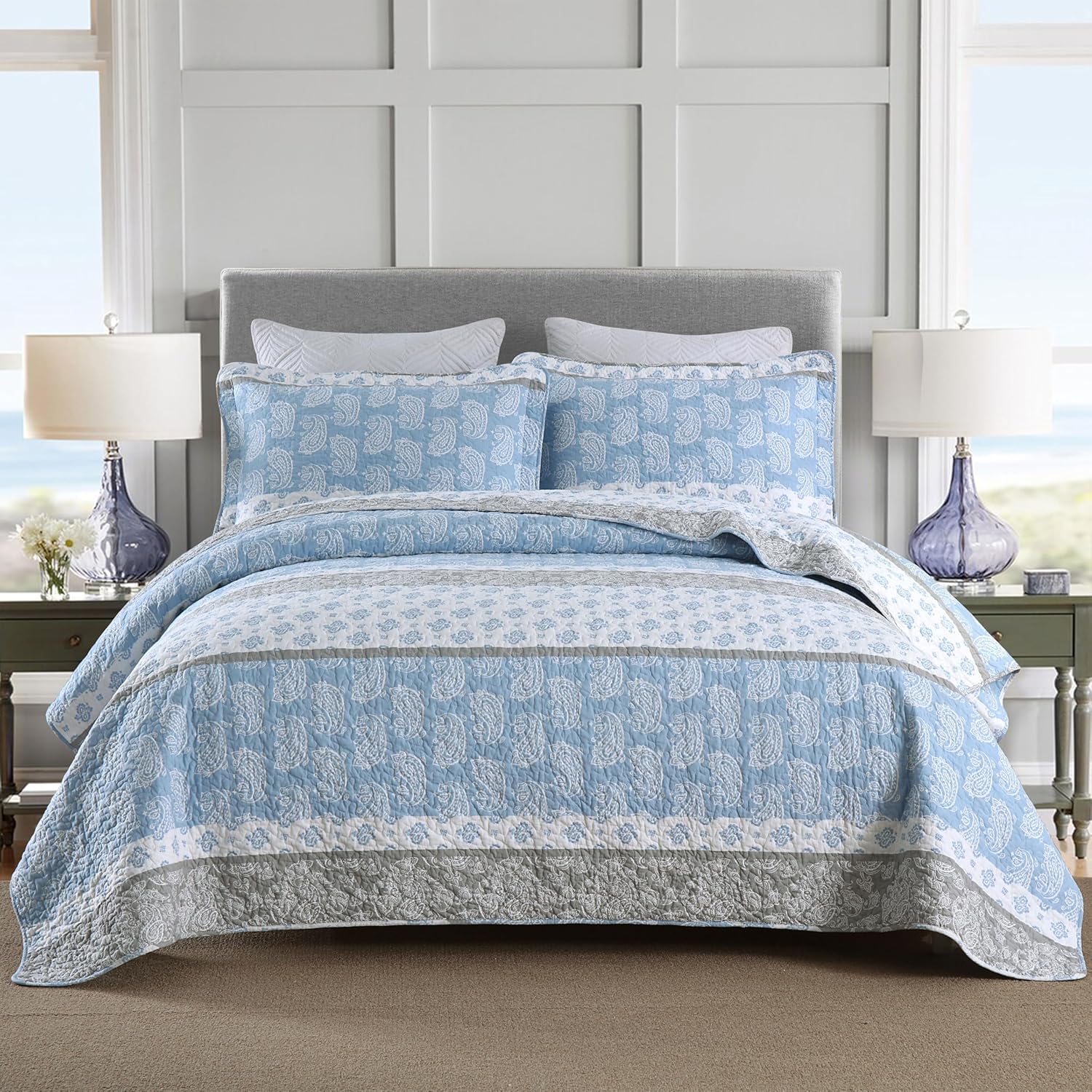 Amazon.com: AJOCCI Cotton Quilts Queen Size, Blue Comforter Set Queen ...