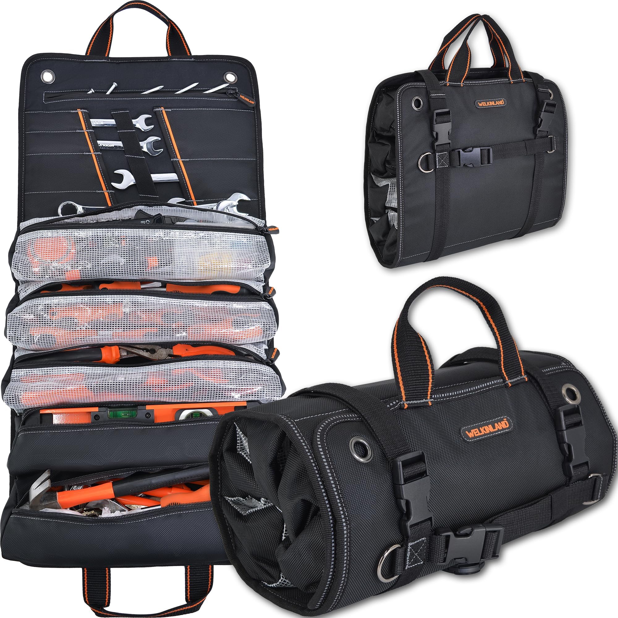 Fixm Professional Roll Up Tool Bag with 5 Zipper Pockets, Tool Roll Bag with Magnetic Zone for ...