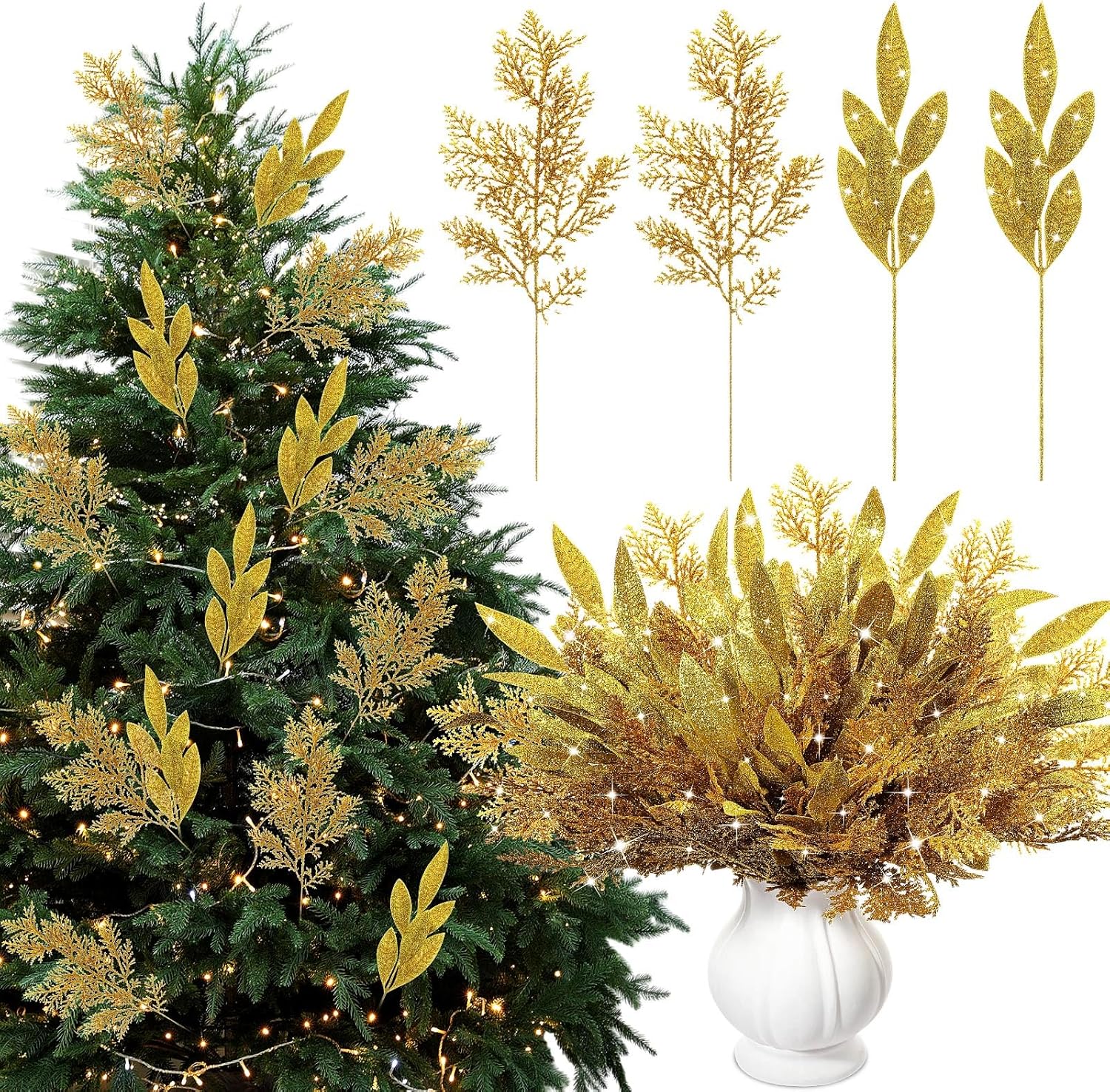 Amazon.com: Ceenna 60 Pcs Christmas Tree Artificial Picks Gold Glitter ...