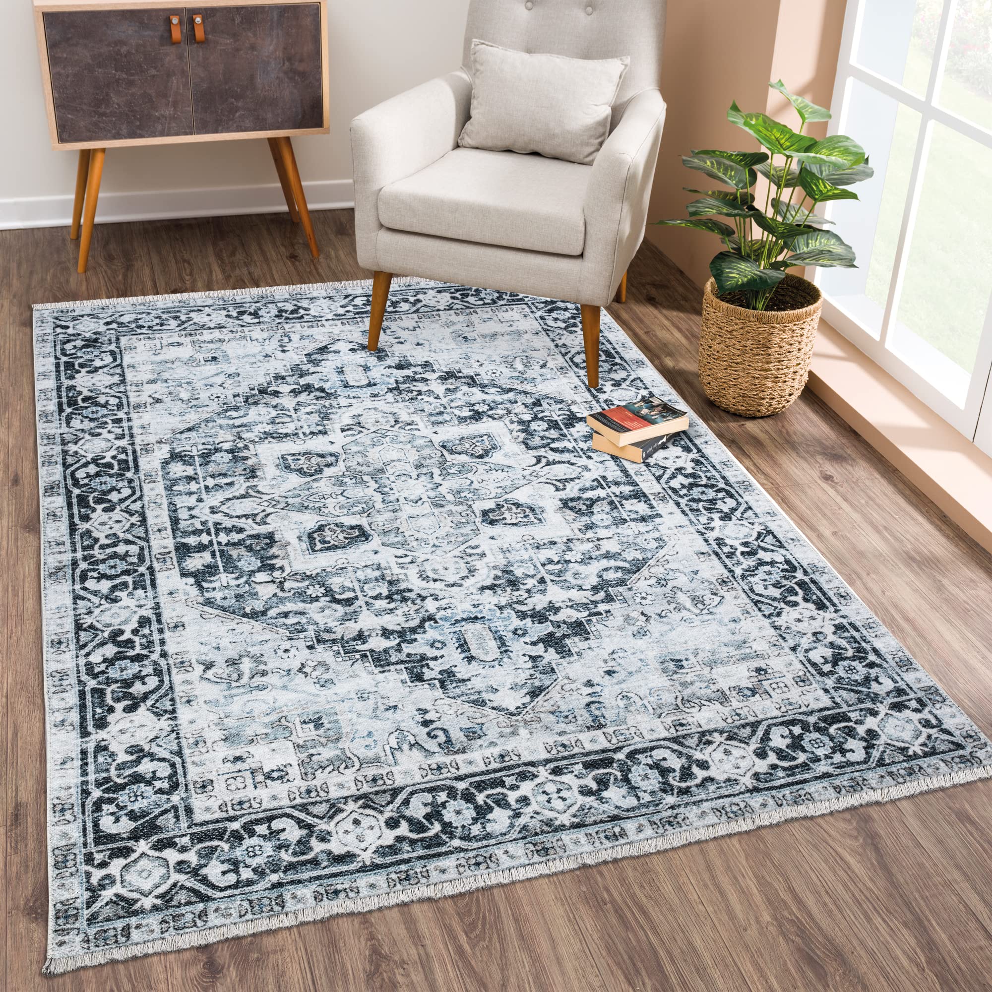Amazon.com: Bloom Rugs Caria Washable Non-Slip 5x7 Rug - Denim Blue ...
