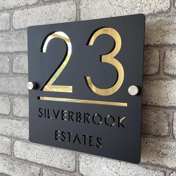 Personalised 3D Acrylic House Number Sign Black and Gold Floating ...